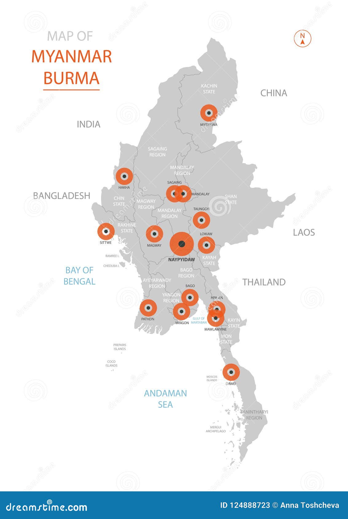 Mapa De Myanmar Birmania Con Divisiones Administrativas Ilustración del ...