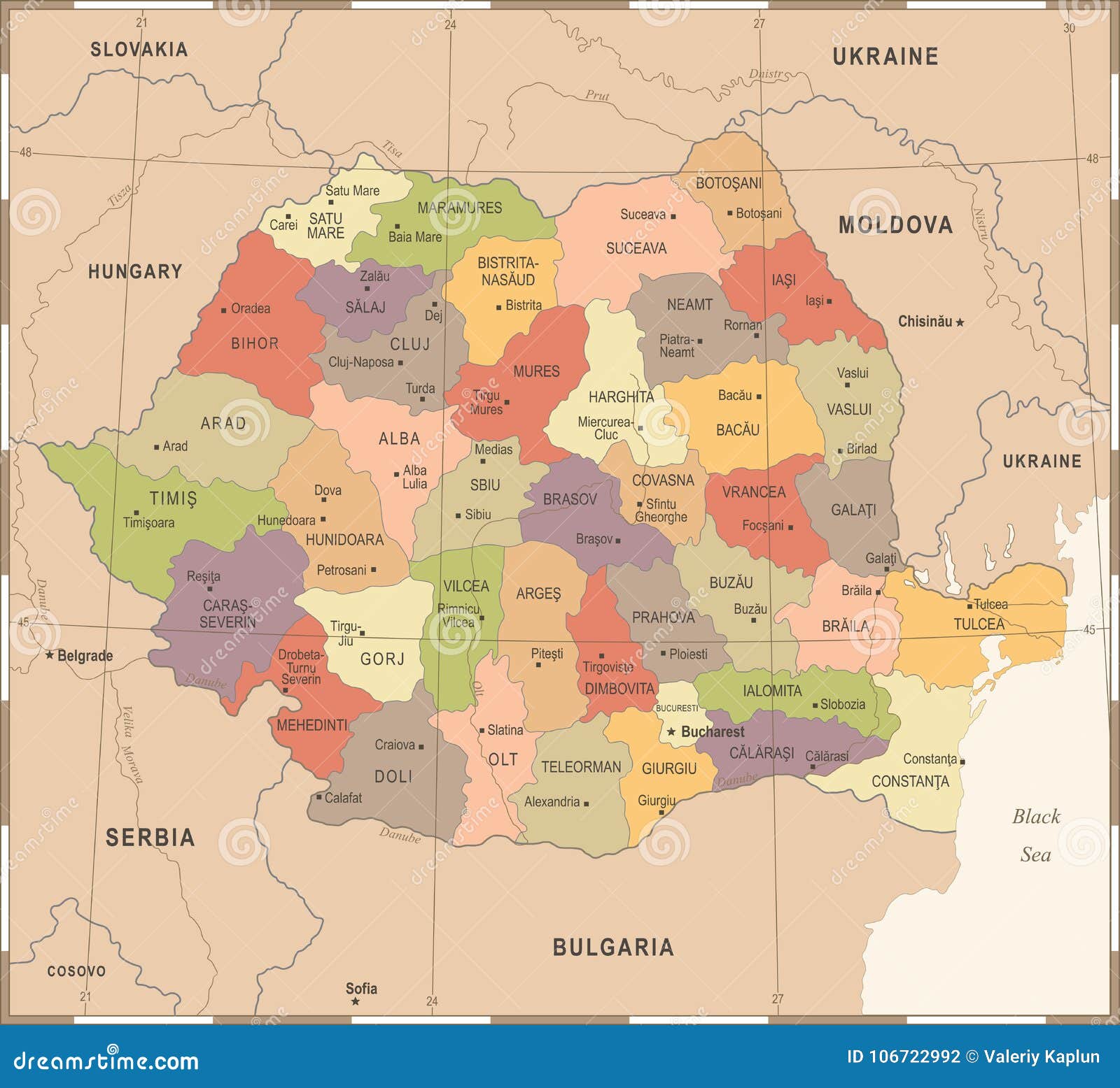 Mapa De Rumania - Ejemplo Detallado Del Vector Del Vintage Stock de ...
