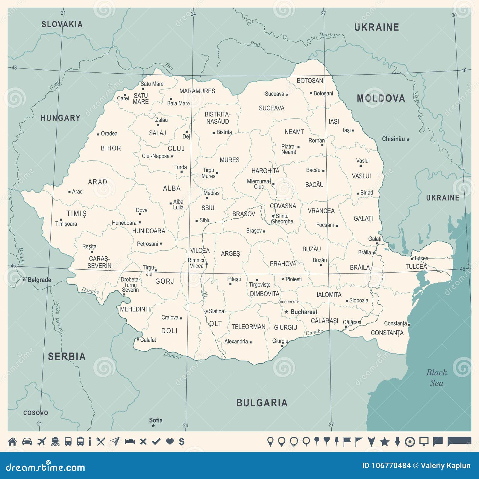 Mapa De Rumania - Ejemplo Detallado Del Vector Del Vintage Stock de ...