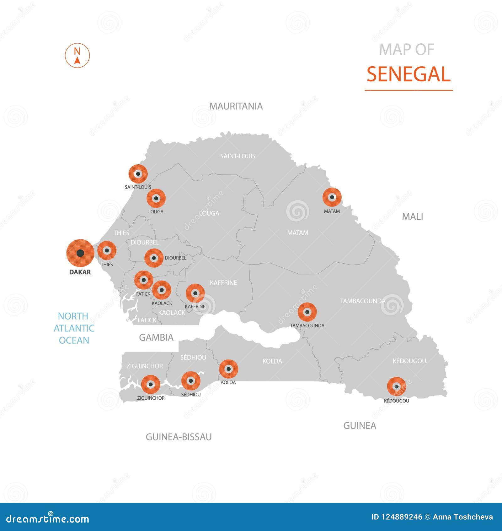 Mapa De Senegal Con Divisiones Administrativas Ilustración del Vector - Ilustración de frontera ...