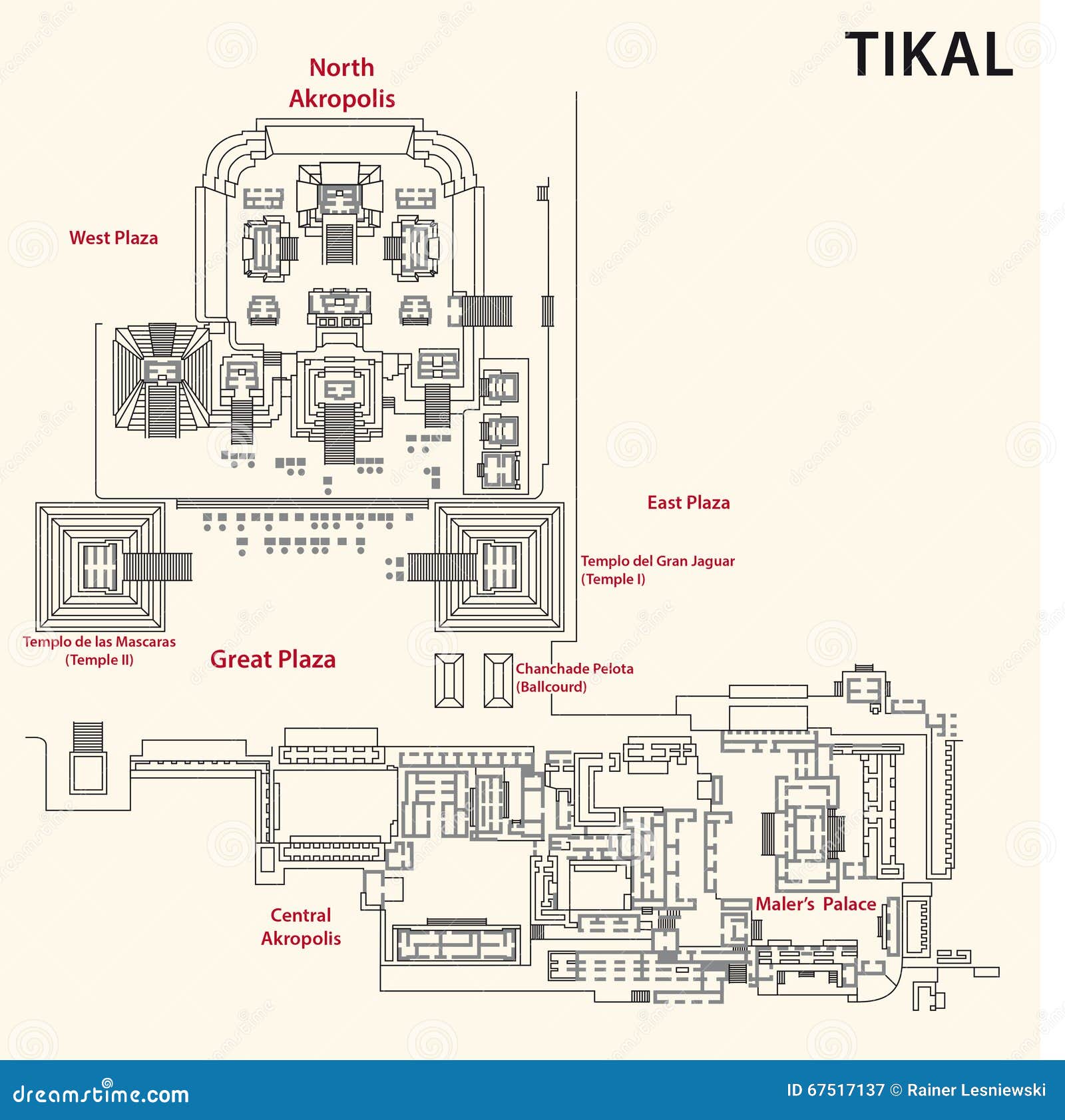 Mapa de Tikal, Guatemala stock de ilustración. Ilustración de ruina ...