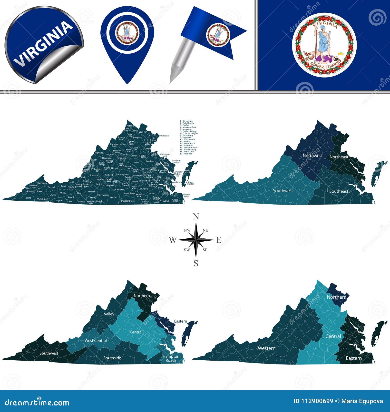 Mapa De Virginia Con Regiones Ilustración del Vector - Ilustración de ...