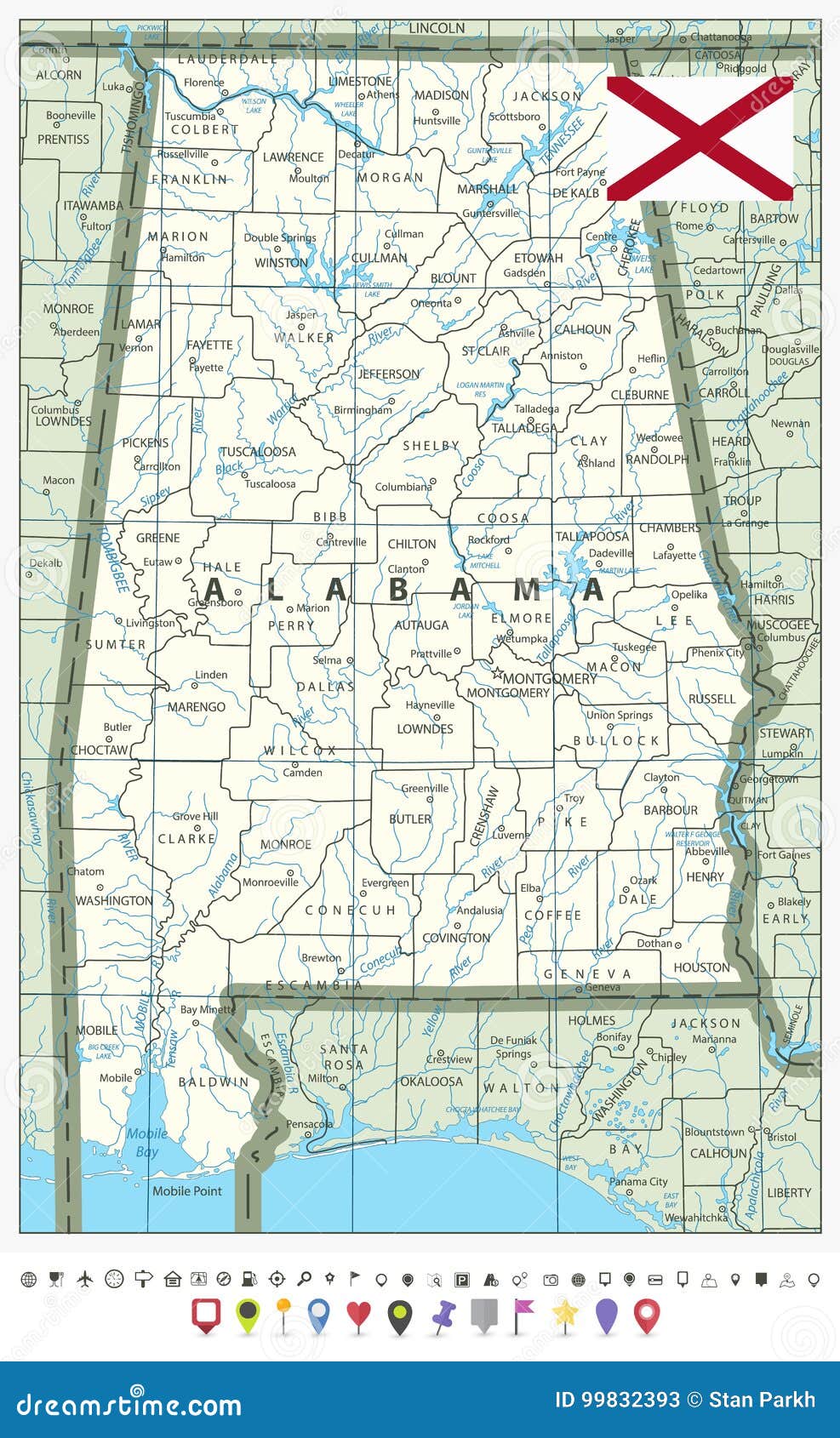 Mapa Del Estado De Alabama E Indicadores Del Mapa Ilustración del ...