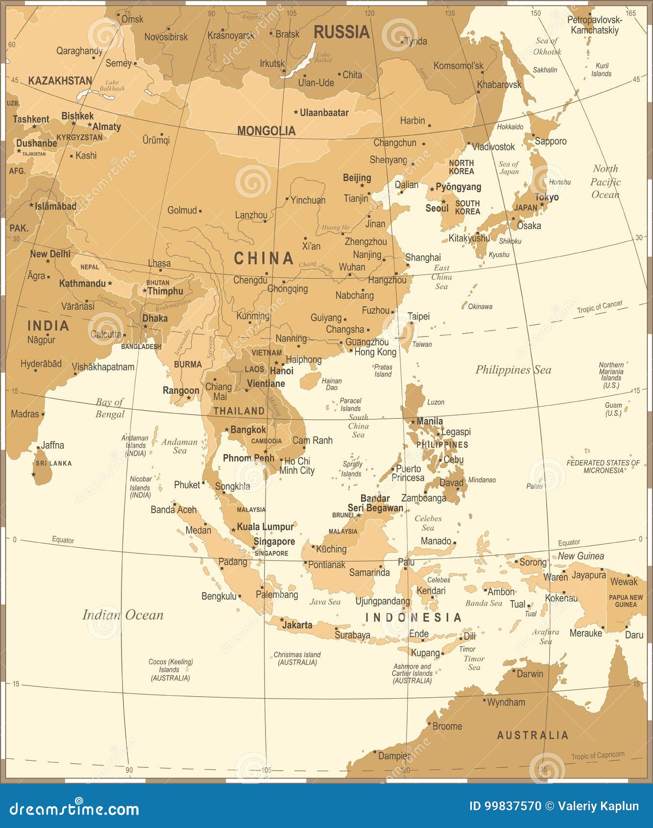 Mapa Del Este De Asia - Ejemplo Del Vector Del Vintage Stock de ...