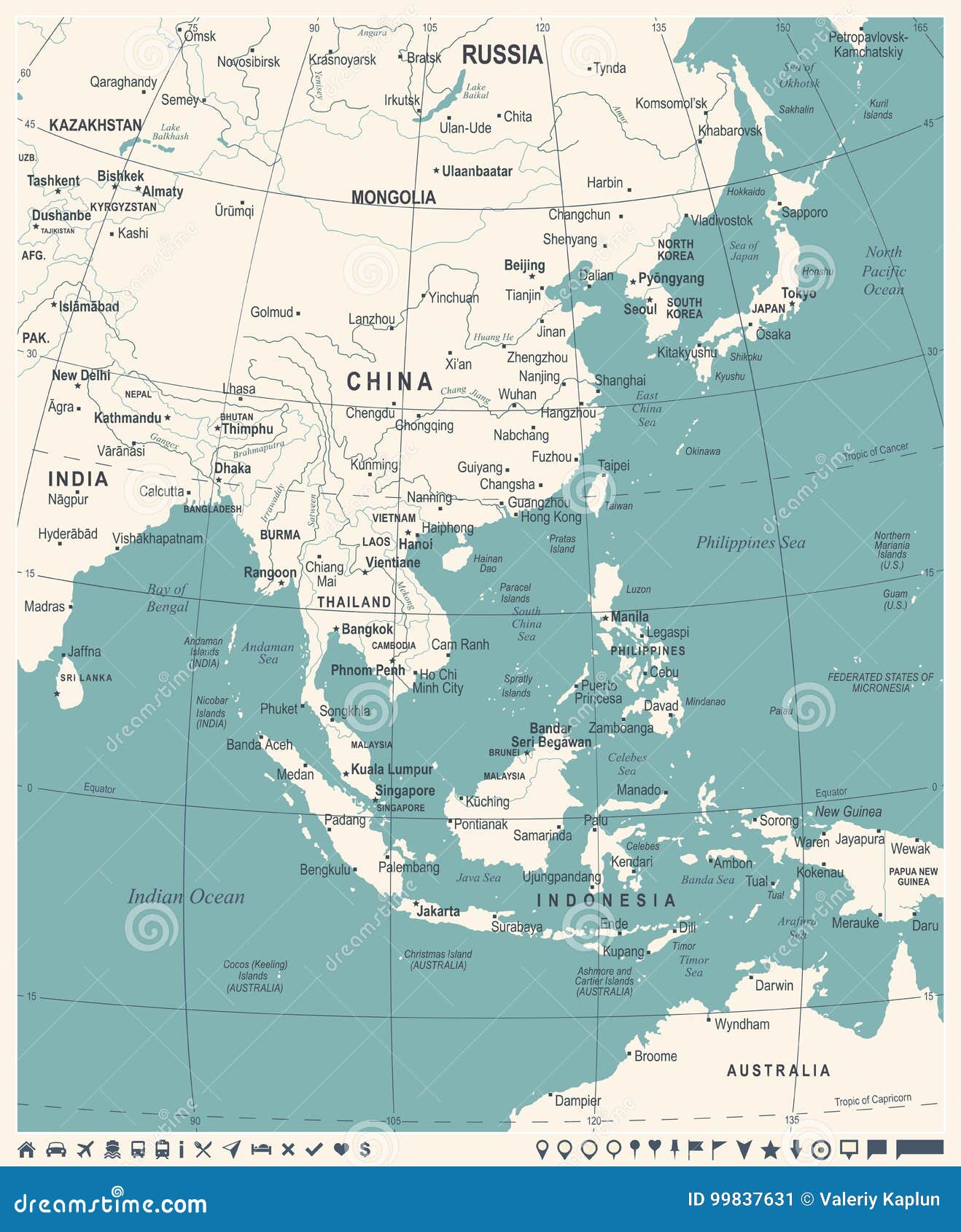 Mapa Del Este De Asia - Ejemplo Del Vector Del Vintage Stock de ...