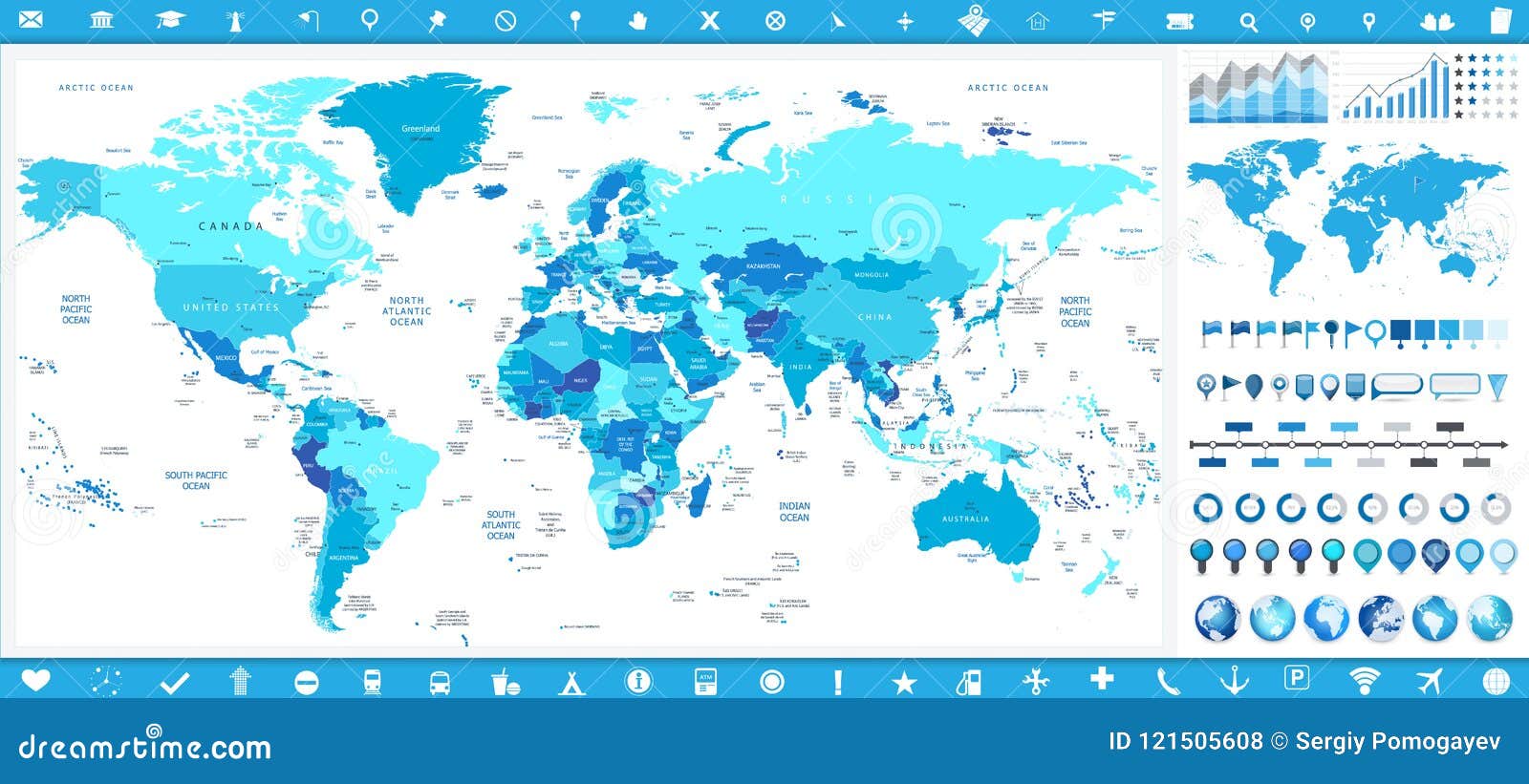 Mapa Del Mundo En Colores De Elementos Azules E Infographic Ilustración ...