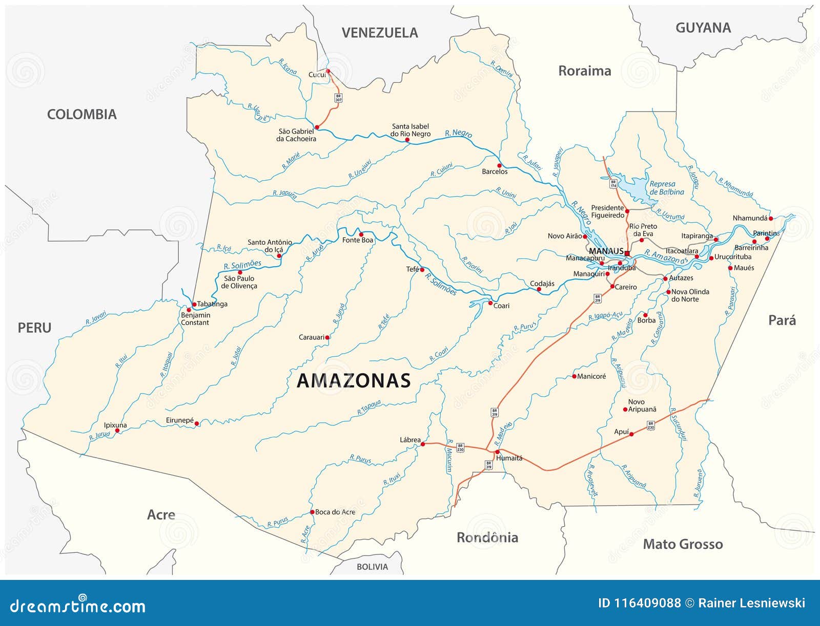 Mapa Del Vector Del Camino De Los Amazonas Brasileños Del Estado ...