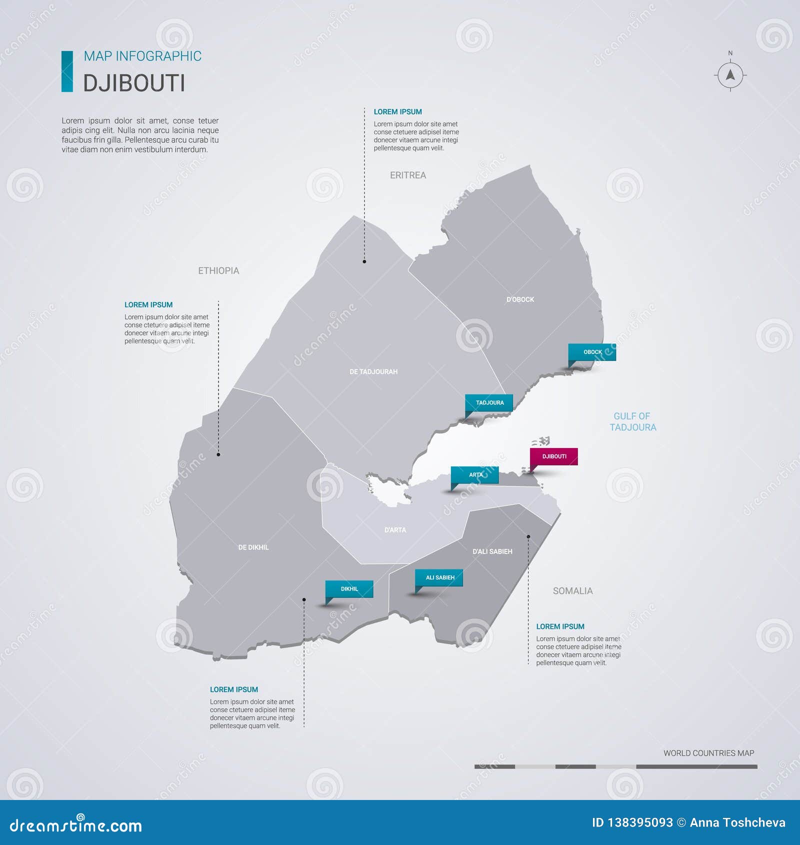 Plantilla Del Vector Del Infographics Del Mapa De Djibouti Con Regiones