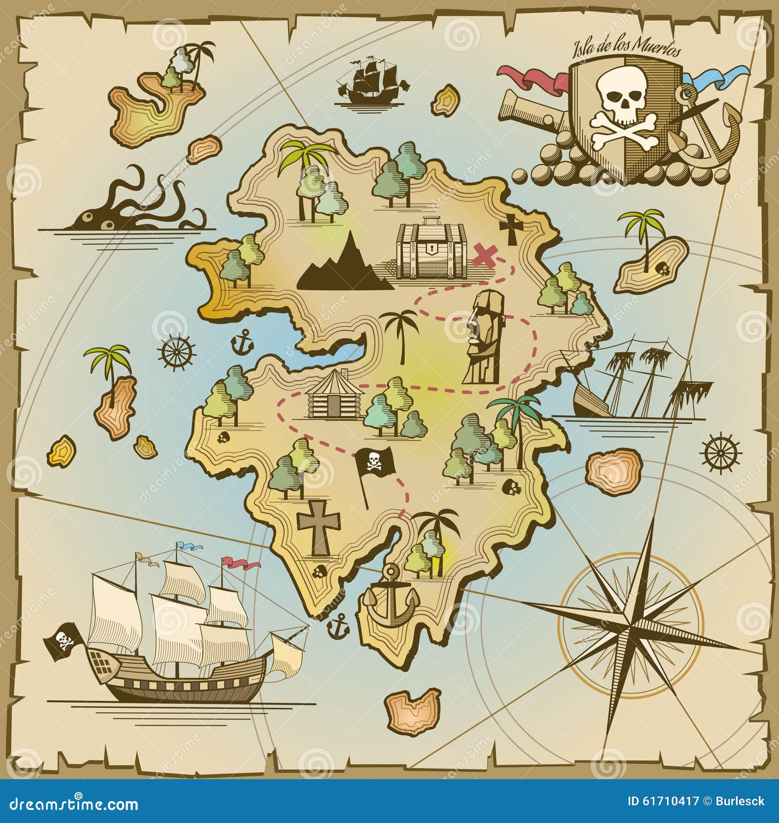 Mapa Del Vector De La Isla Del Tesoro Del Pirata Ilustración del Vector ...