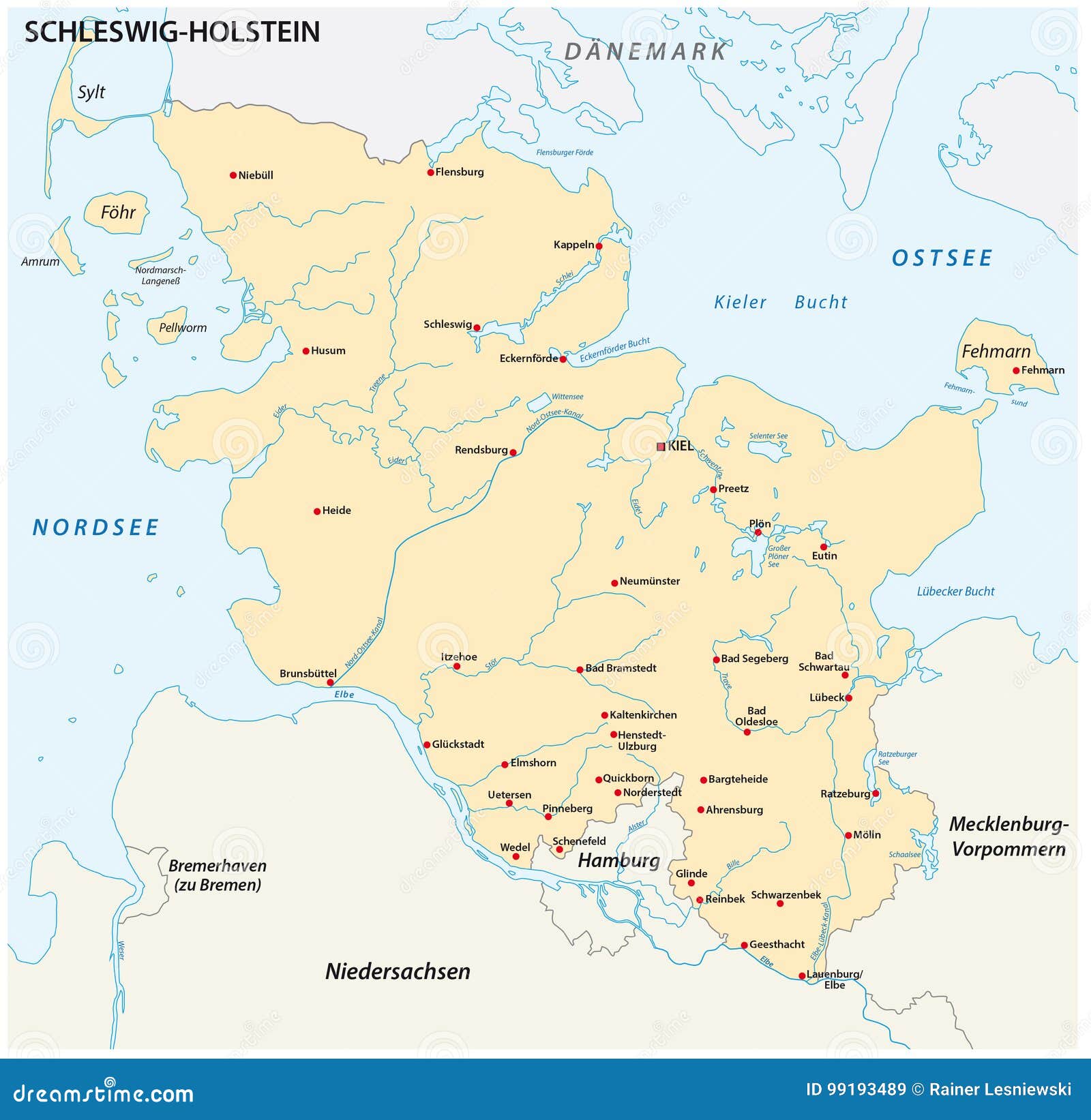 Mapa Do Estado Schleswig-Holstein Com As Cidades As Mais Importantes ...