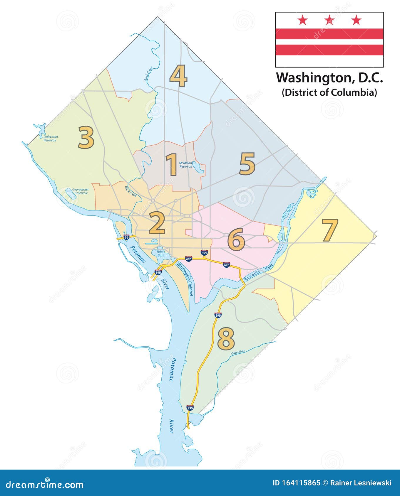 Mapa Dos Oito Distritos De Washington DC Com Bandeira Ilustração do ...
