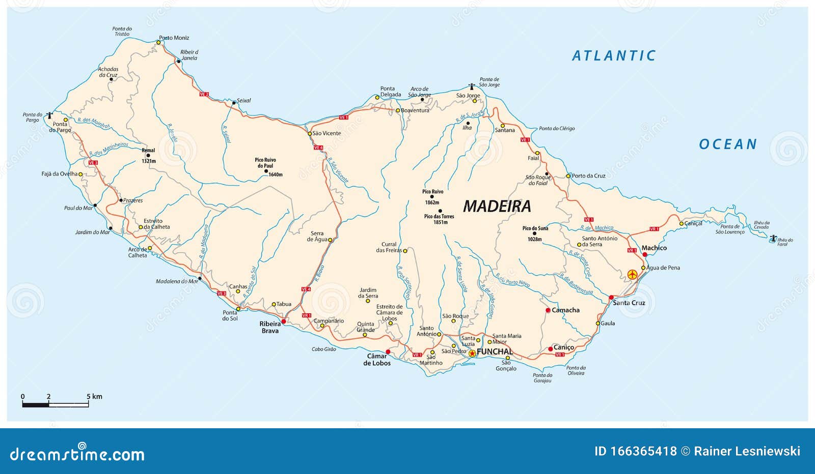 Mapa Drogowa Portugalskiej Wyspy Madera Ilustracja Wektor - Ilustracja ...