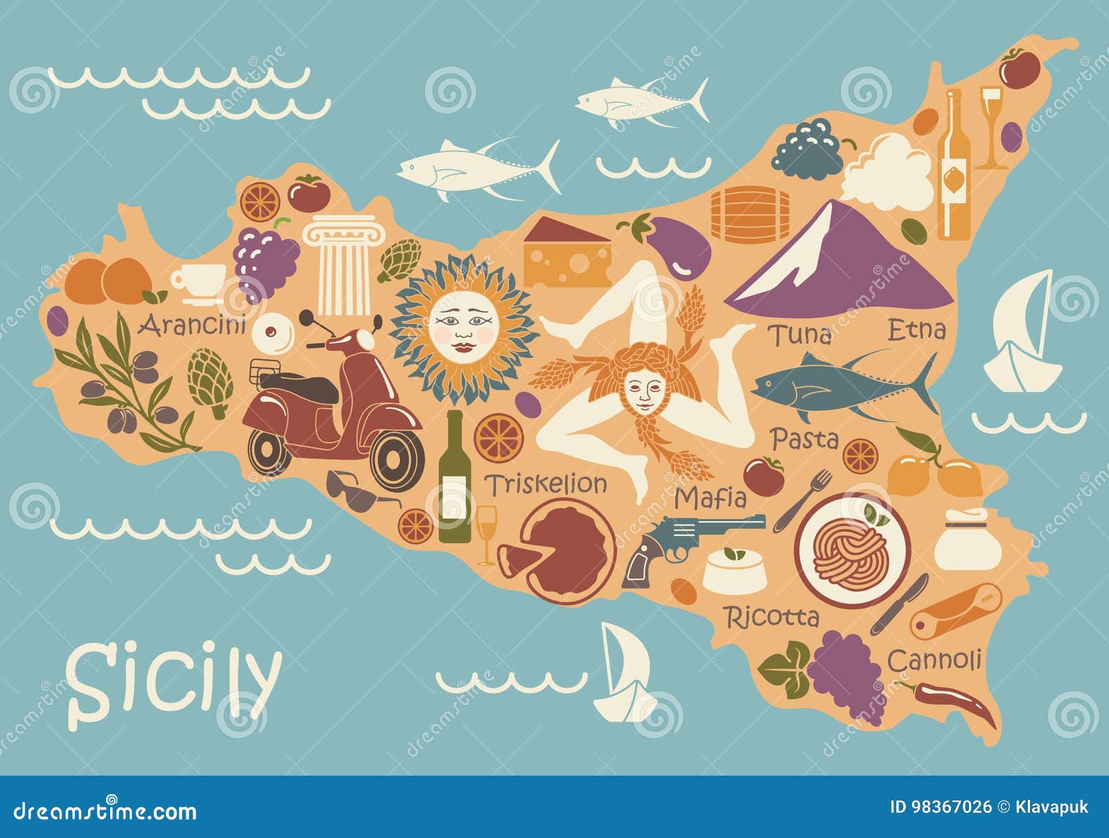 Mapa Estilizado De Sicilia Con Símbolos Tradicionales Ilustración del ...