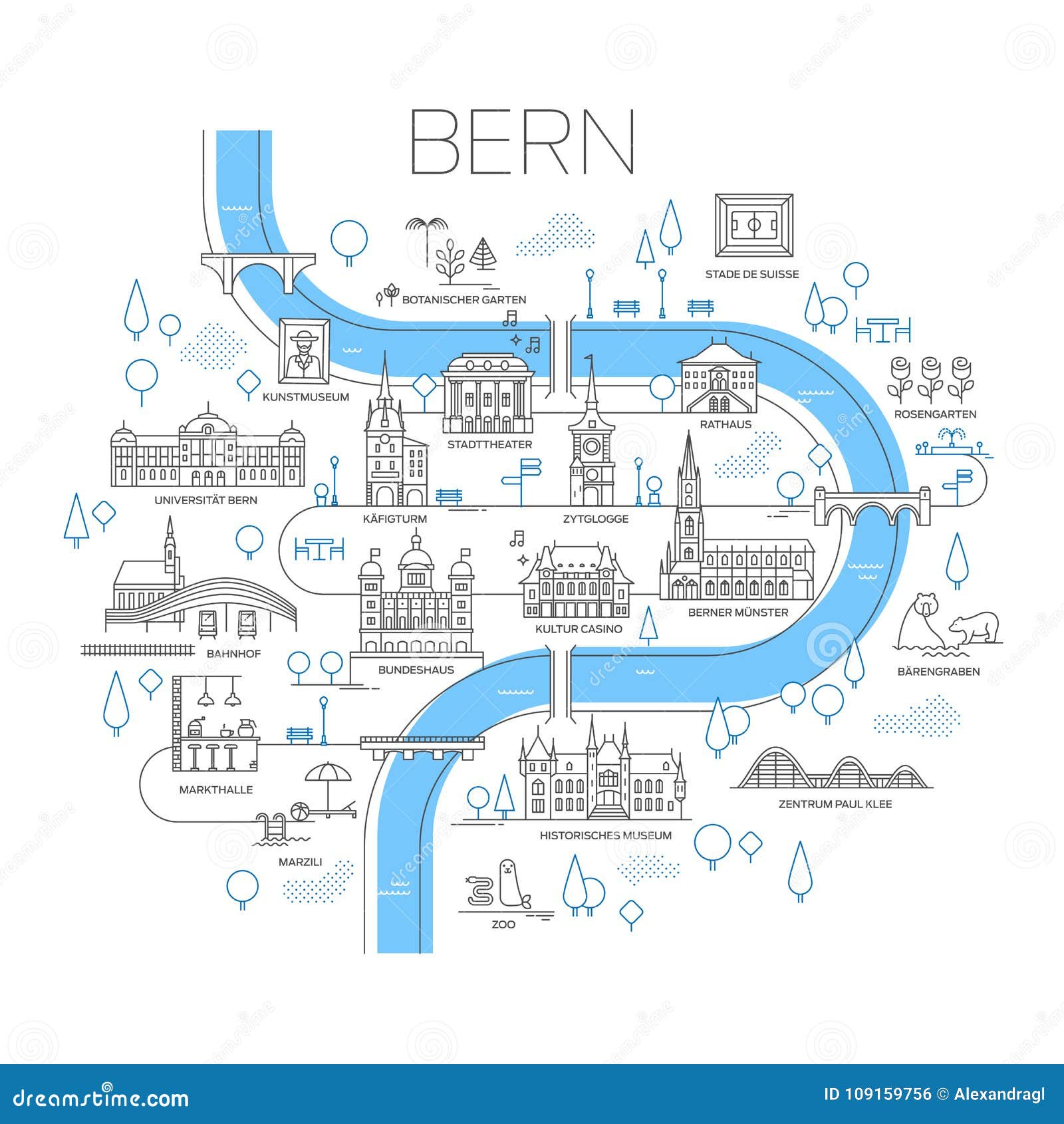 Mapa Ilustrado De Berna, Suiza Ilustración del Vector - Ilustración de ...