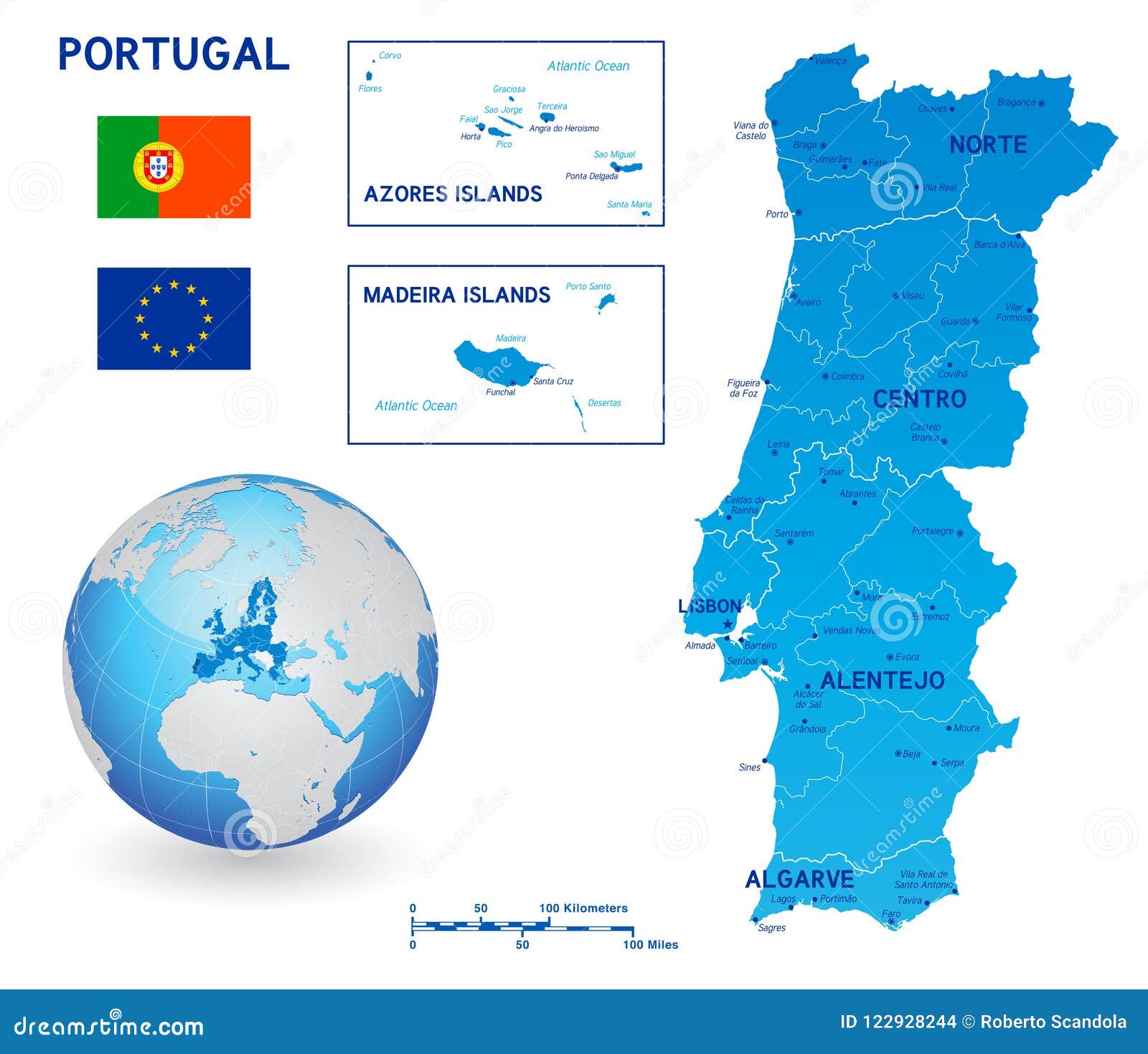 Mapa Político Azul Del Vector De Portugal Ilustración del Vector ...