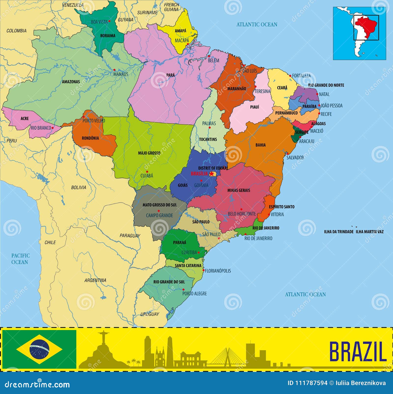 Mapa político de Brasil ilustração do vetor. Ilustração de atlântico ...