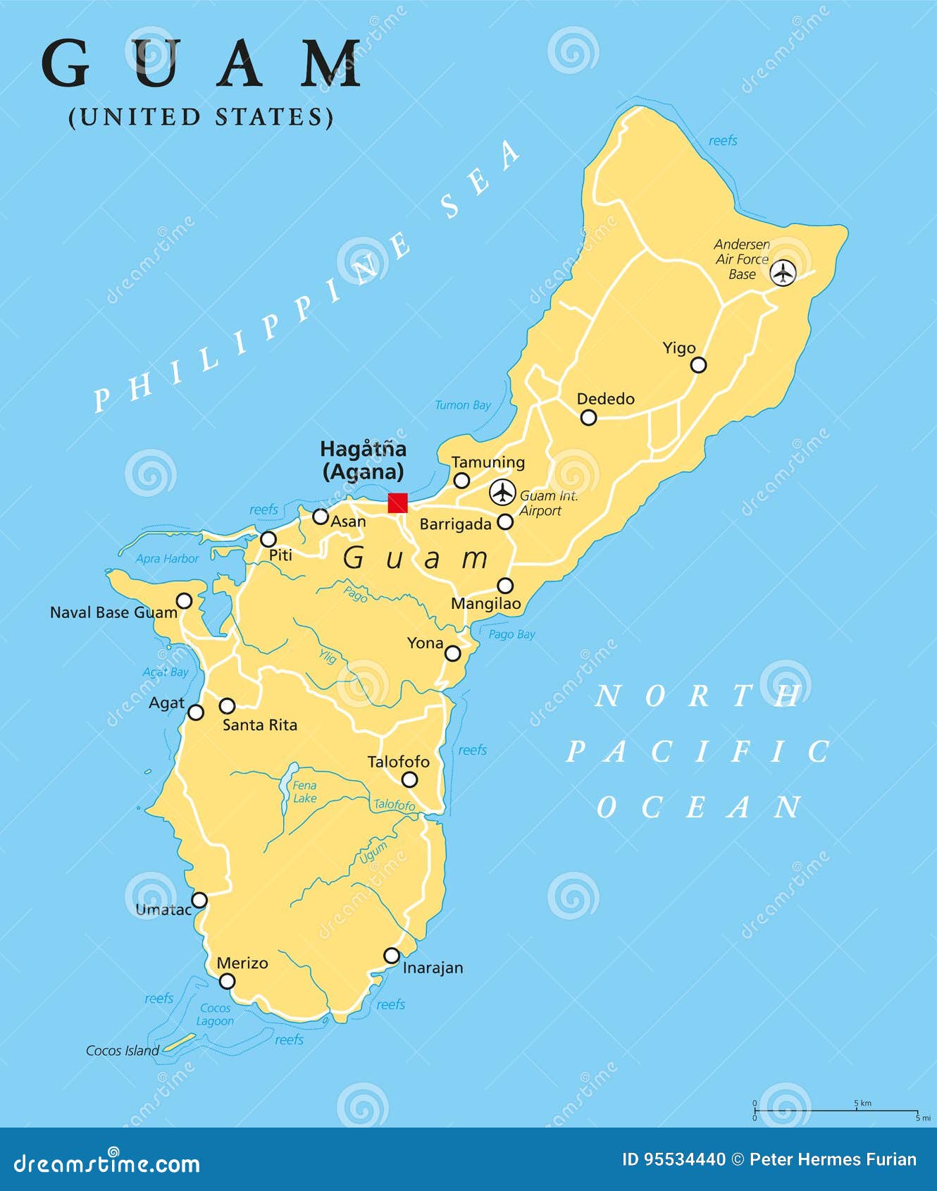 Mapa político de Guam ilustração do vetor. Ilustração de capital - 95534440
