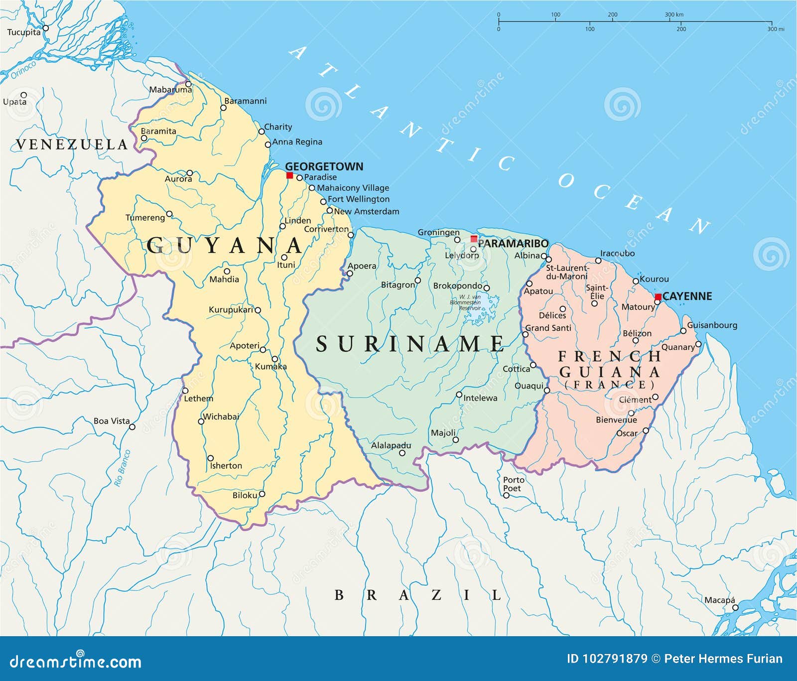 Mapa Político De Guiana, Do Suriname E Da Guiana Francesa Ilustração do ...