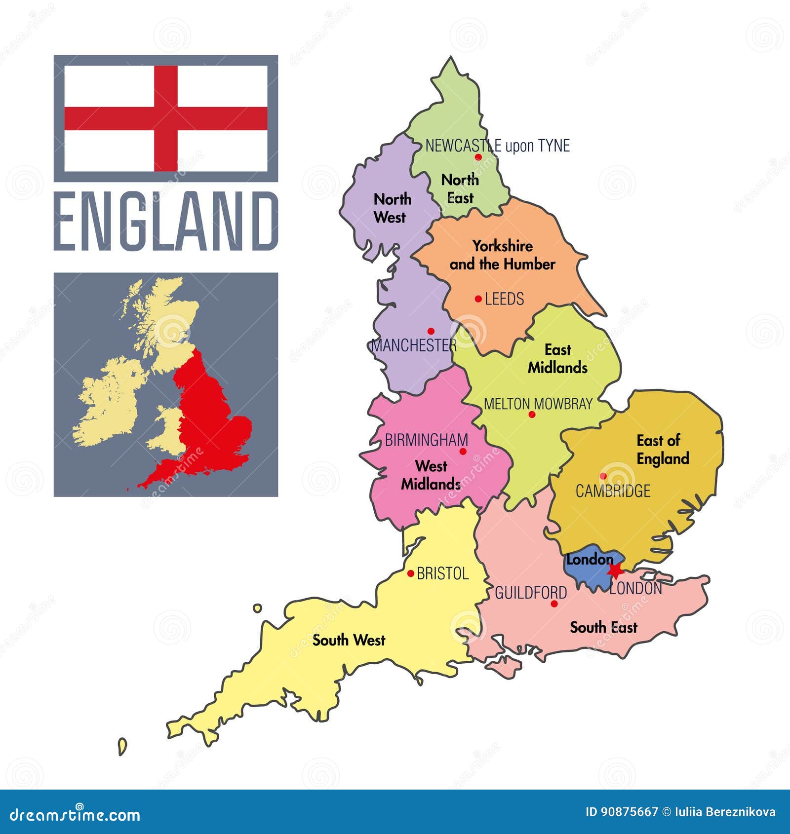 Mapa Político De Inglaterra Com Regiões E Seus Capitais Ilustração ...