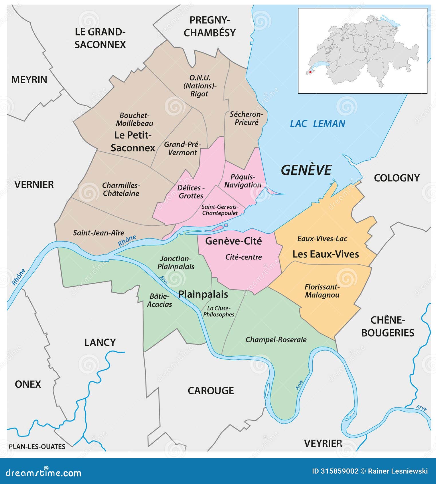 Mapa Vector Administrativo De La Ciudad Suiza De Ginebra Ilustración ...