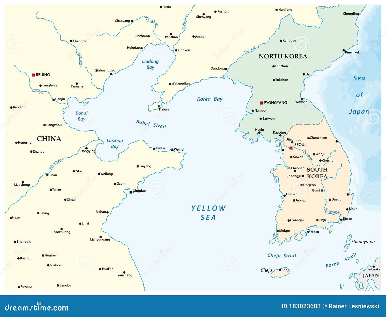 Mapa Vectorial Del Mar Amarillo Entre China Corea Del Norte Y Corea Del ...
