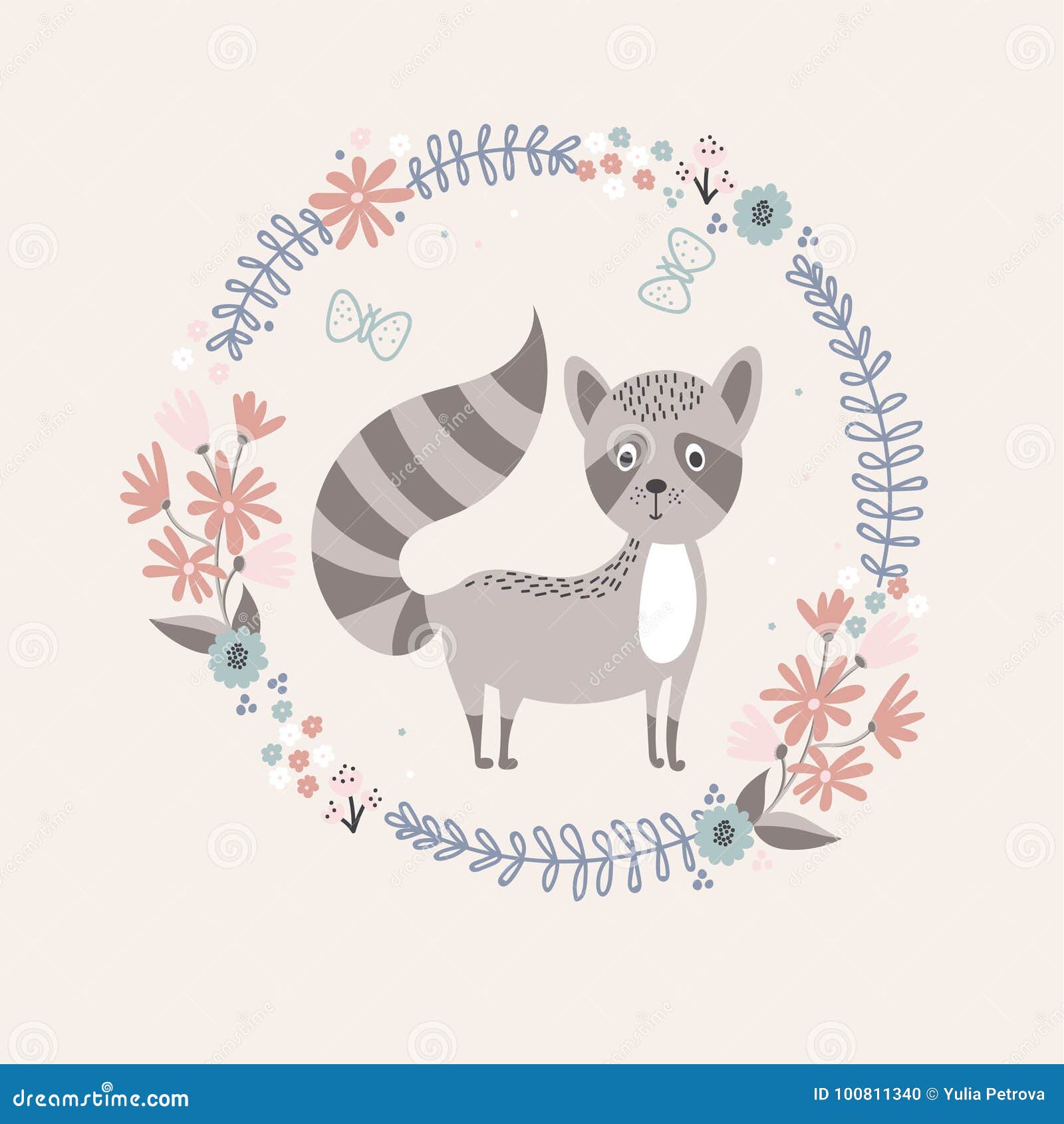 Mapache Lindo Con El Marco Floral Ilustración del Vector - Ilustración ...