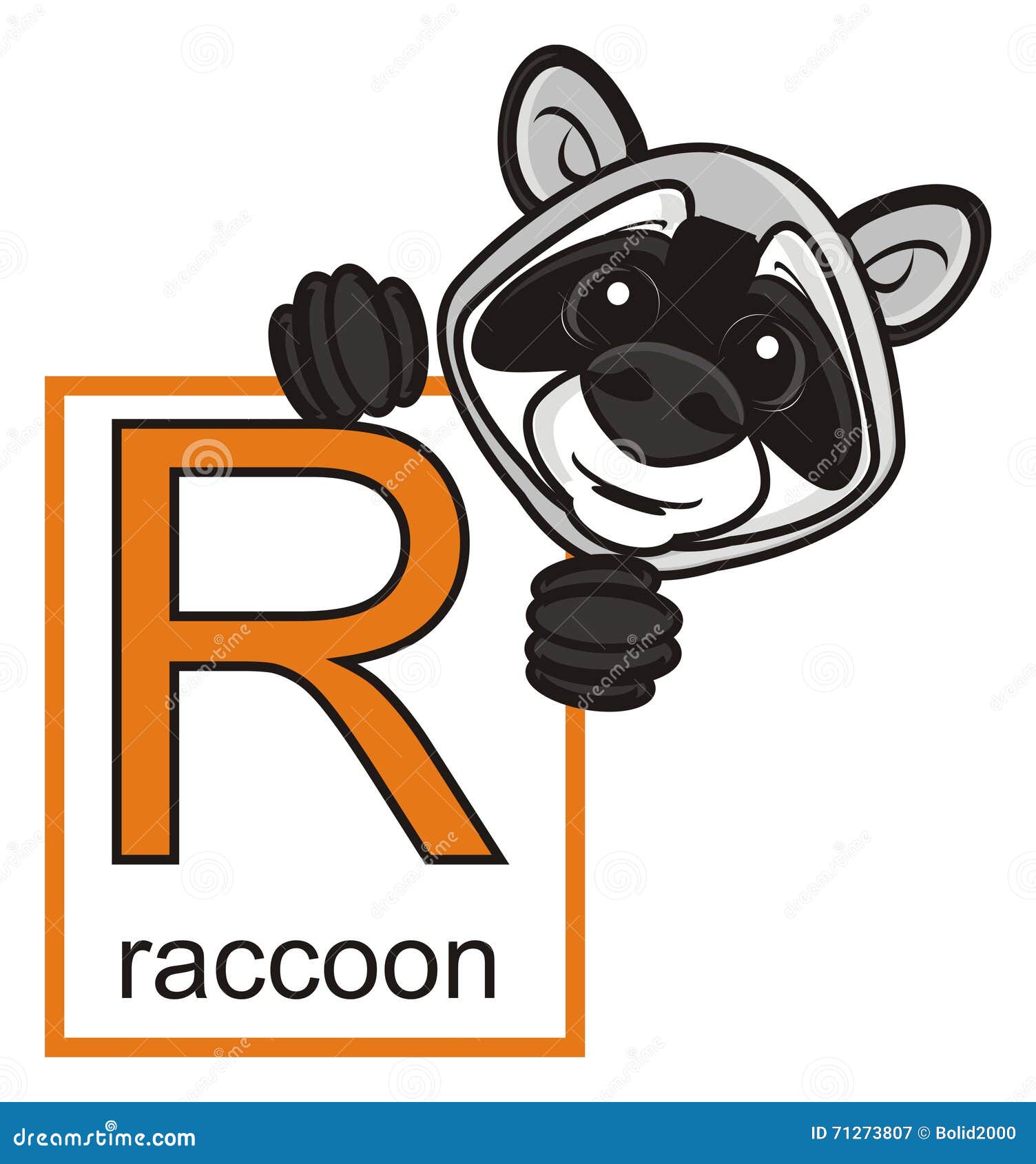 Mapache y letra R stock de ilustración. Ilustración de rayado - 71273807