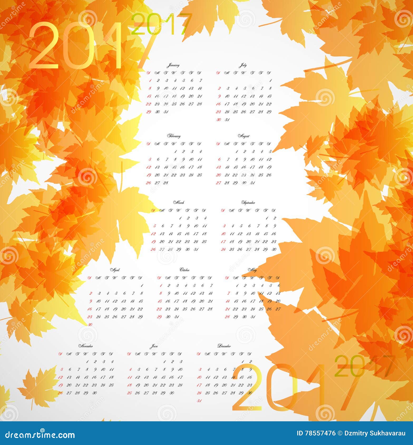 Maple autumn calendar 2017 stock vector. Illustration of design - 78557476