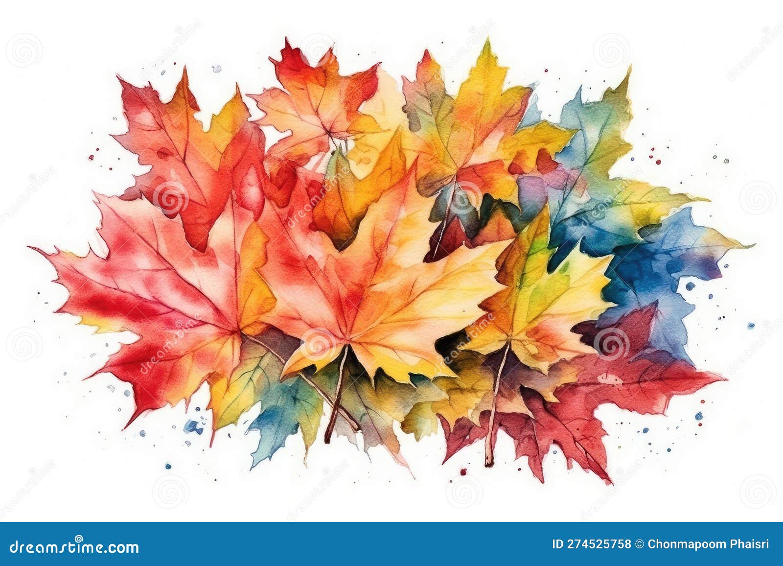 Close Up Watercolor Multicolor Tree Maple Leaves Background. High ...