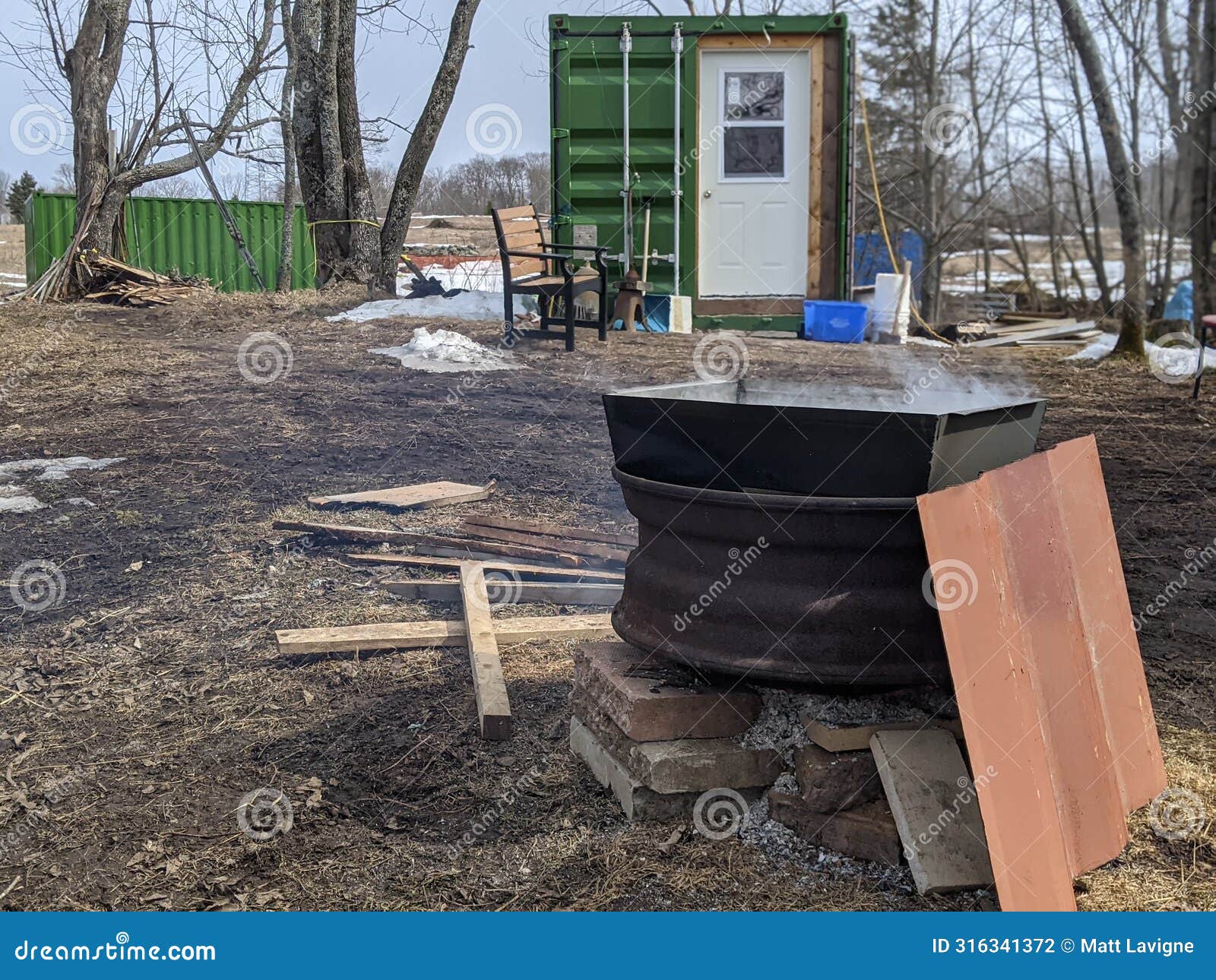 Maple Sap Boiling in a Pan in the Yard Stock Photo - Image of ...