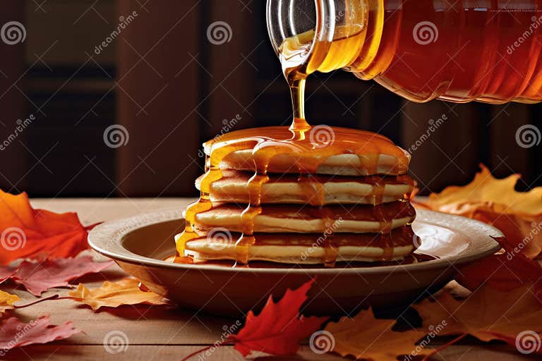 Maple Syrup Being Poured Over a Stack of Pancakes Stock Photo - Image ...