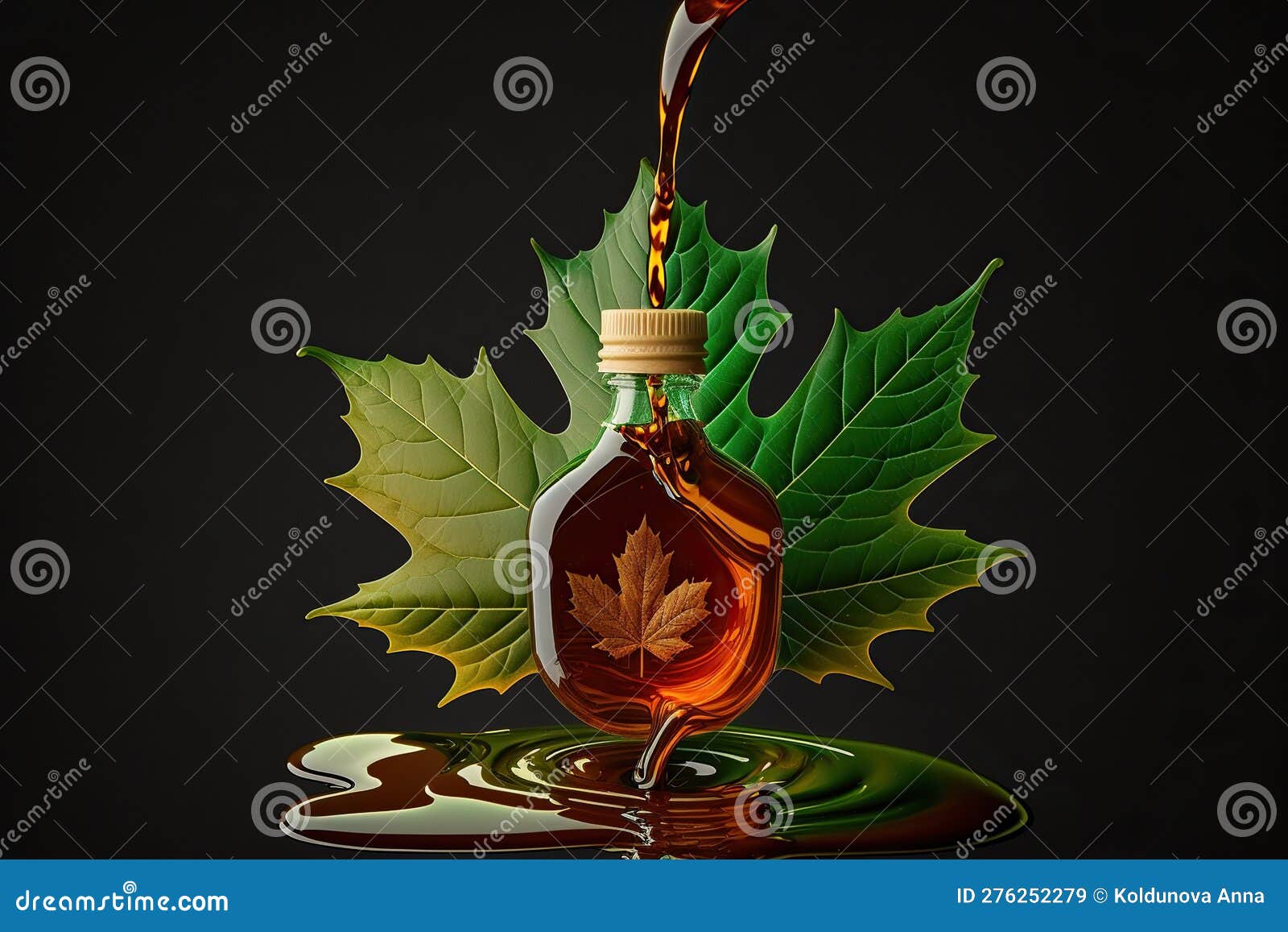 Maple Syrup Dripping from a Green Maple Leaf into a Bottle, Created ...