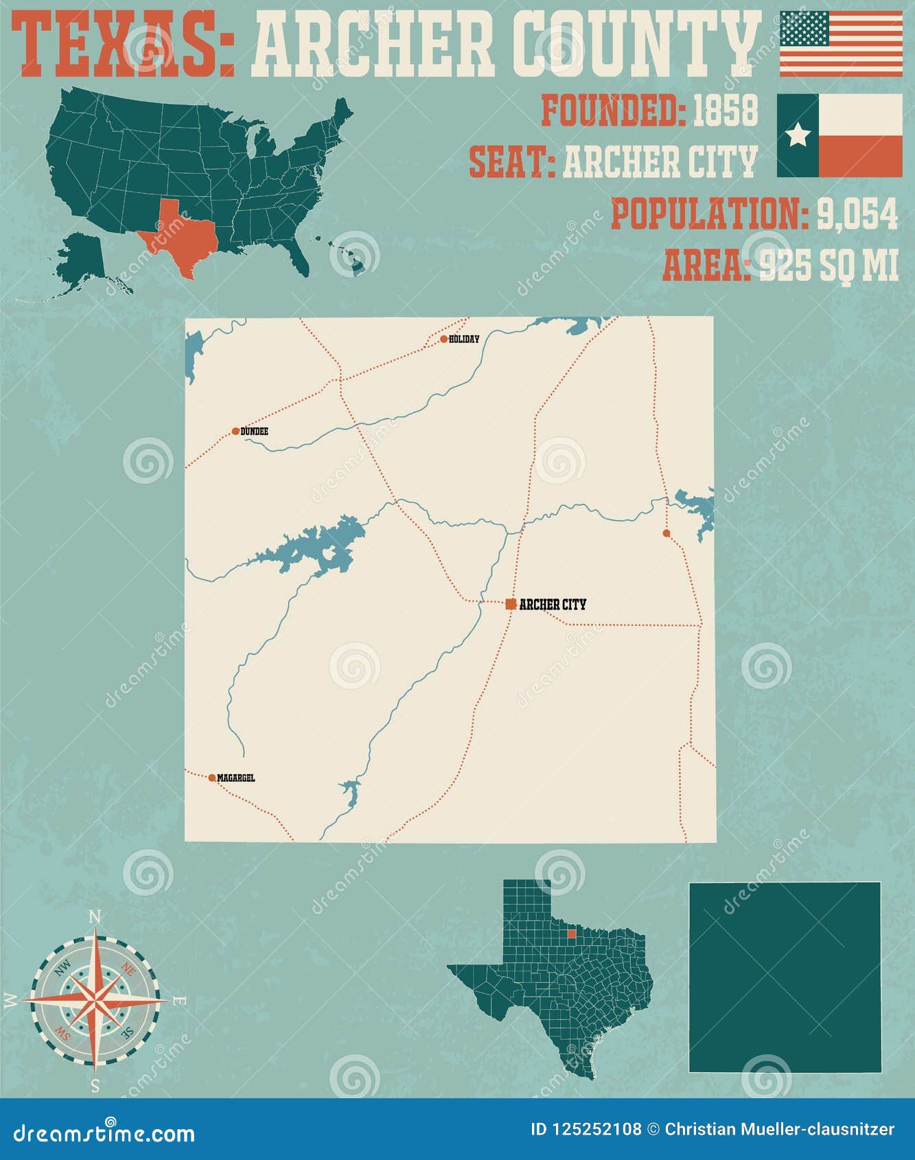 Mappa Della Contea Di Archer Nel Texas Illustrazione Vettoriale ...