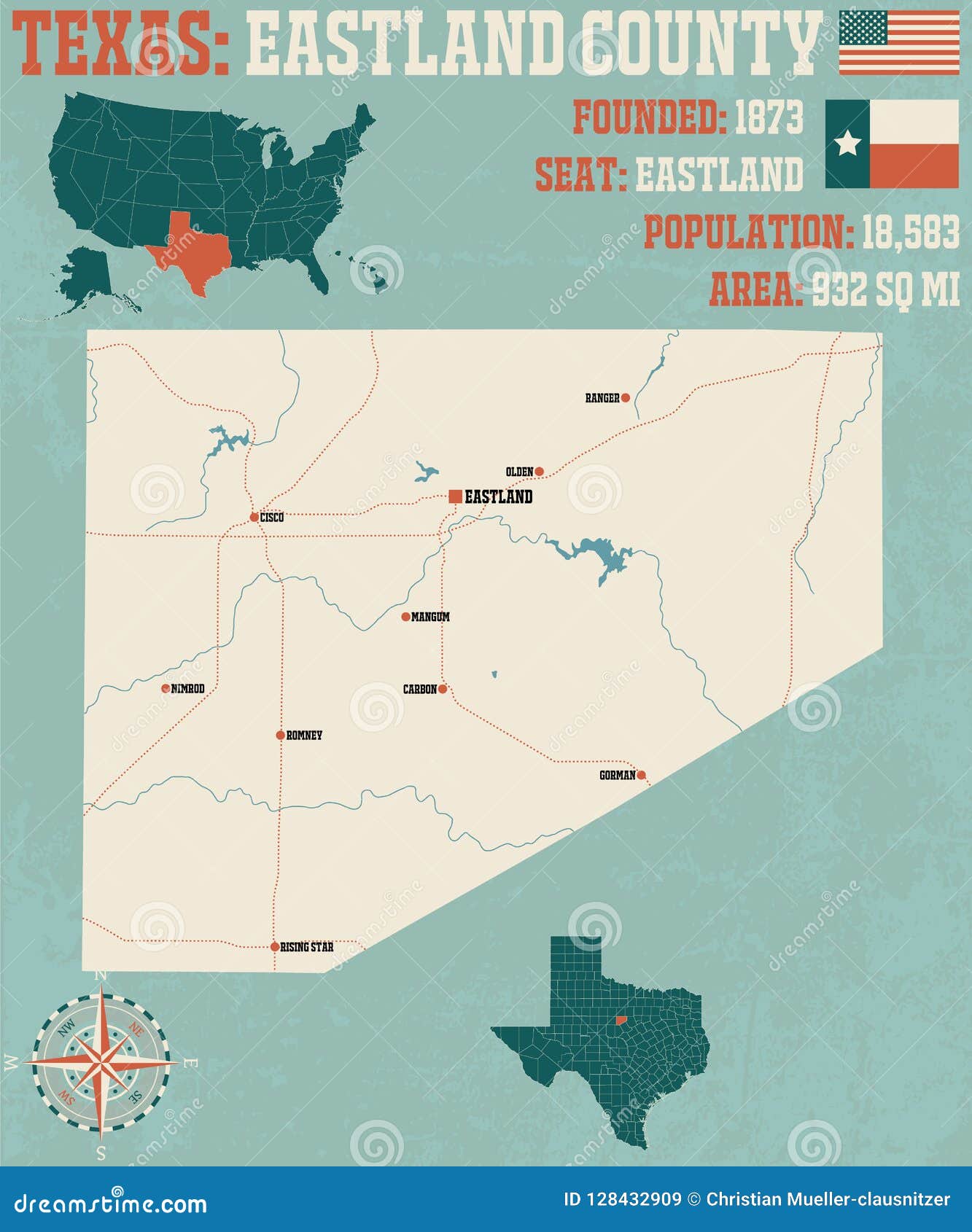 Mappa Della Contea Di Eastland Nel Texas Illustrazione Vettoriale ...
