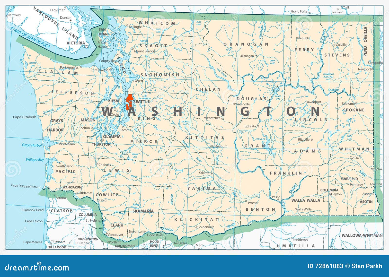 Mappa Dettagliata Dello Stato Del Washington Illustrazione Vettoriale ...