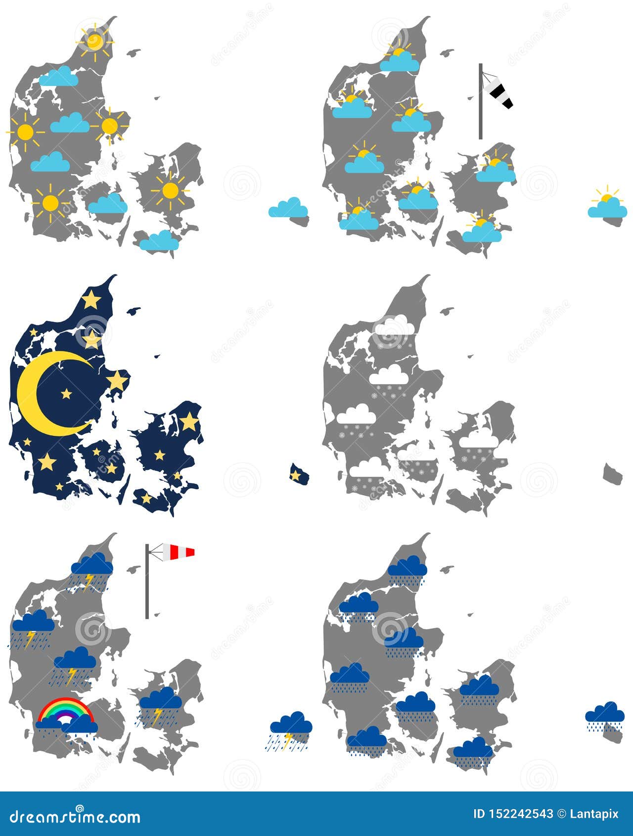 Maps Of Denmark With Various Weather Symbols Cartoon Vector ...