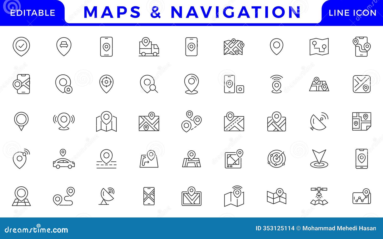Maps and Navigation Icon Set Illustration with Map, Navigation, Gps ...