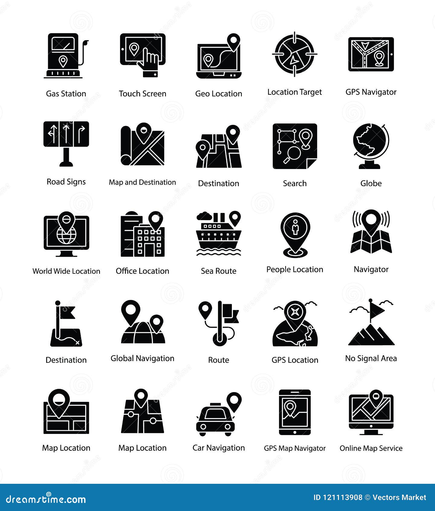 Maps and Navigations Glyph Vector Icons Set Stock Illustration ...