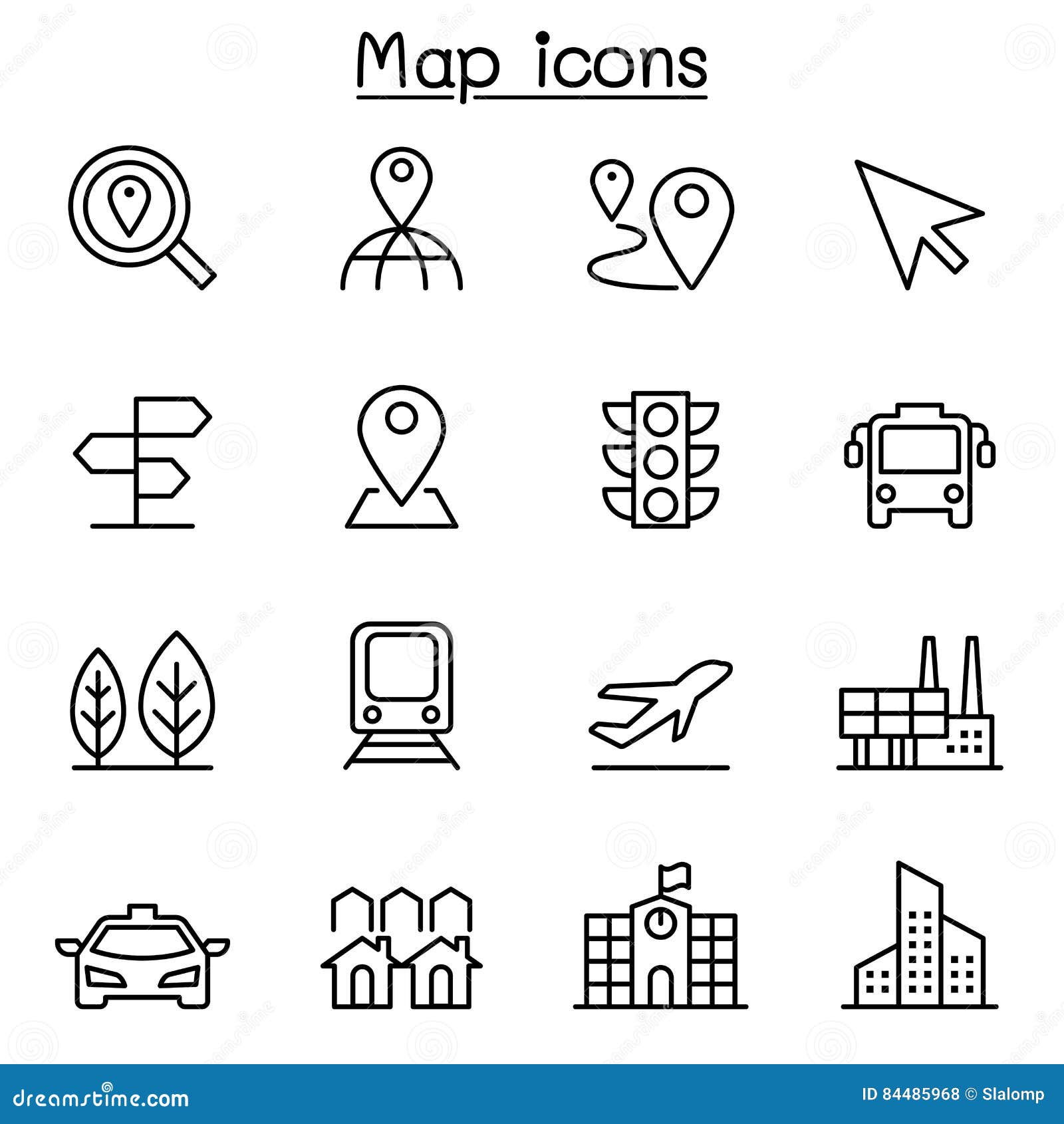 Maps & Symbol Icon Set in Thin Line Style Stock Vector - Illustration ...