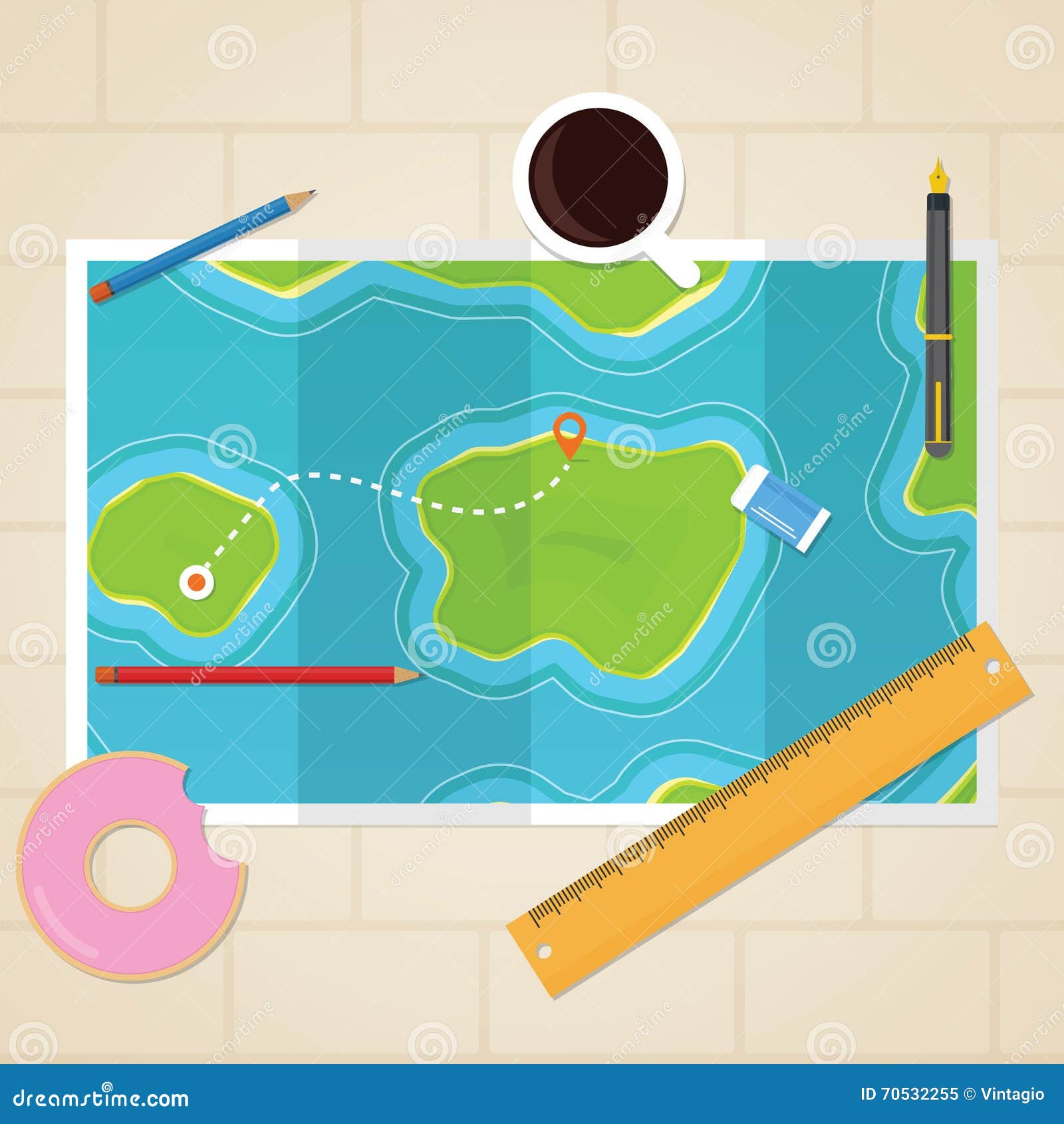 Maps on Table stock vector. Illustration of doughnut - 70532255