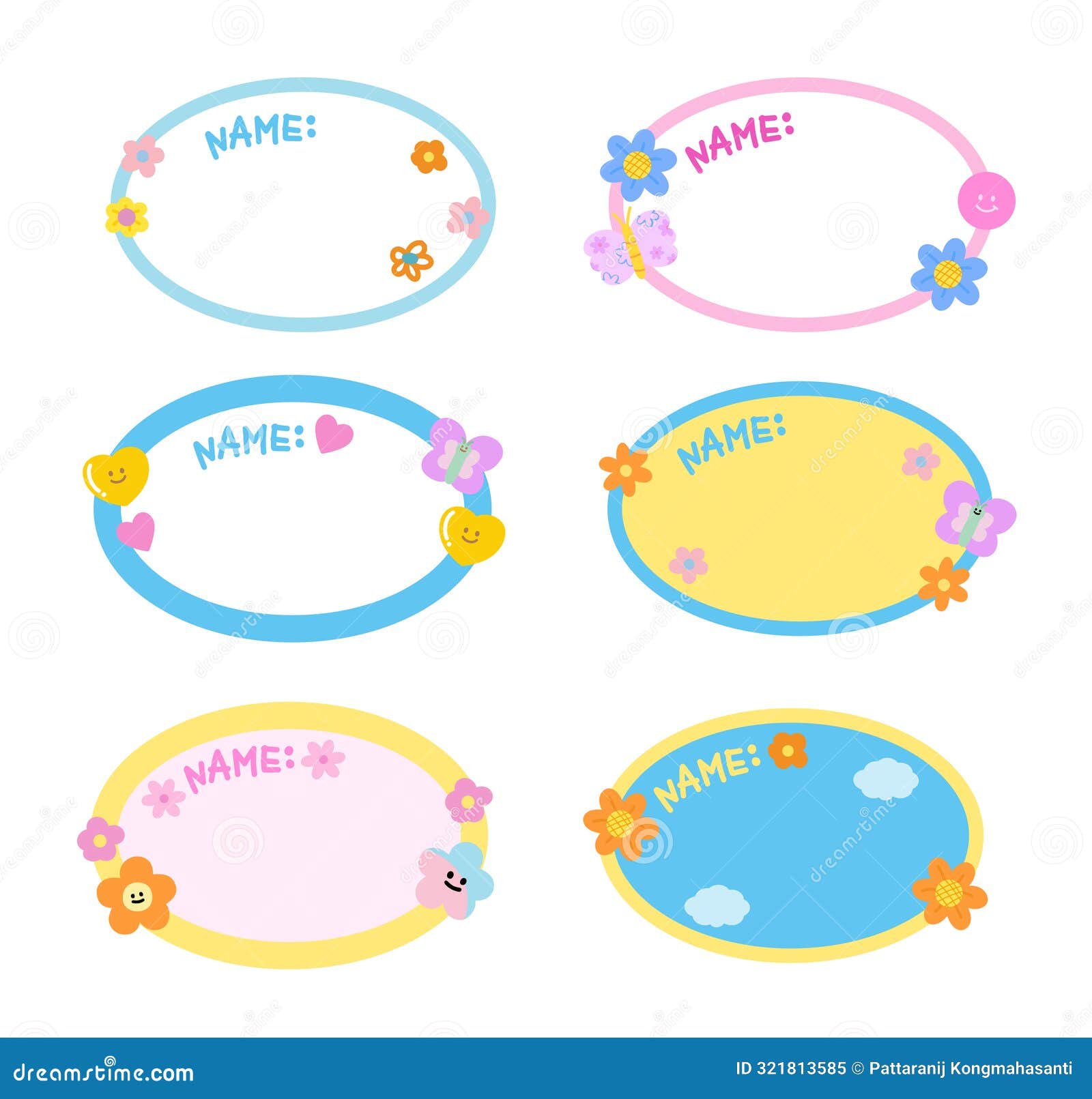 Various Designs of Cute Name Tags with Heart, Flower, Butterfly, Cloud ...