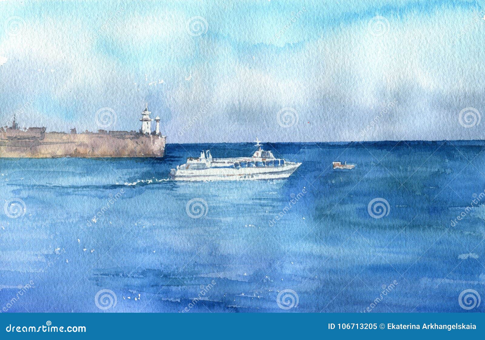 Mar Da Aquarela Com O Farol Da Formiga Do Navio No Cabo Ilustração ...