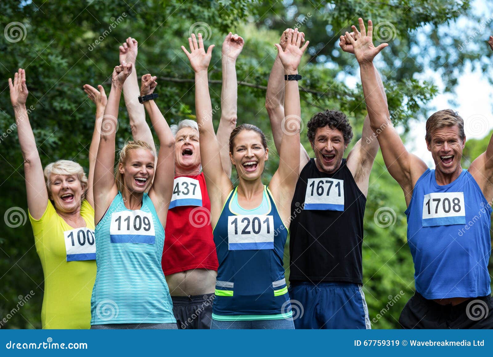 Marathon Athletes Posing with Raised Arms Stock Image - Image of ...