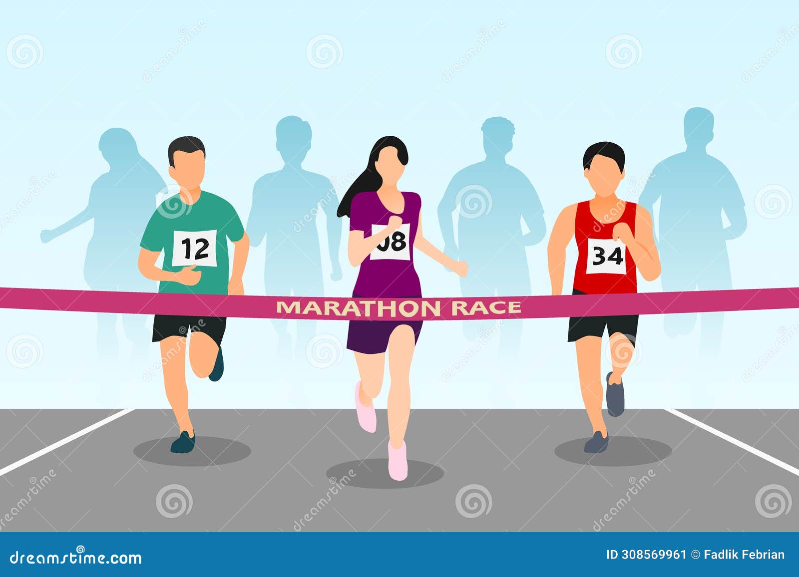 Marathon Race Illustration with People Running and Finish Line. Front ...
