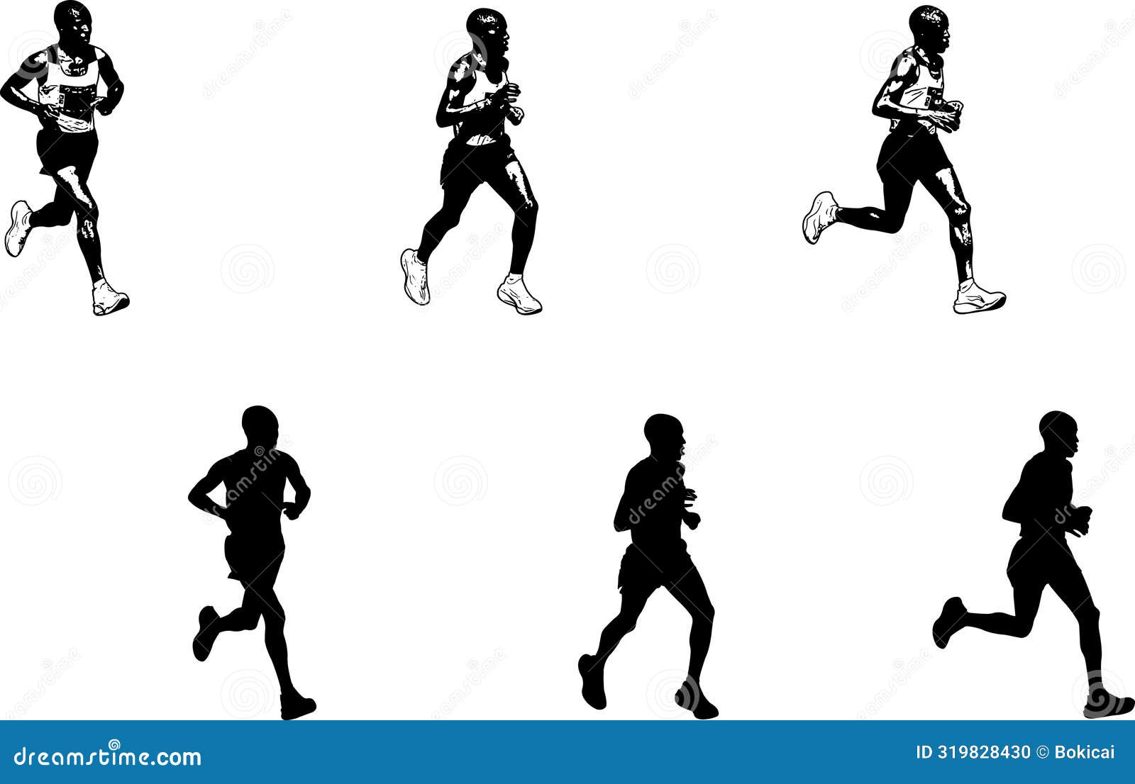 Marathon Runner Sketch and Silhouettes Stock Illustration ...
