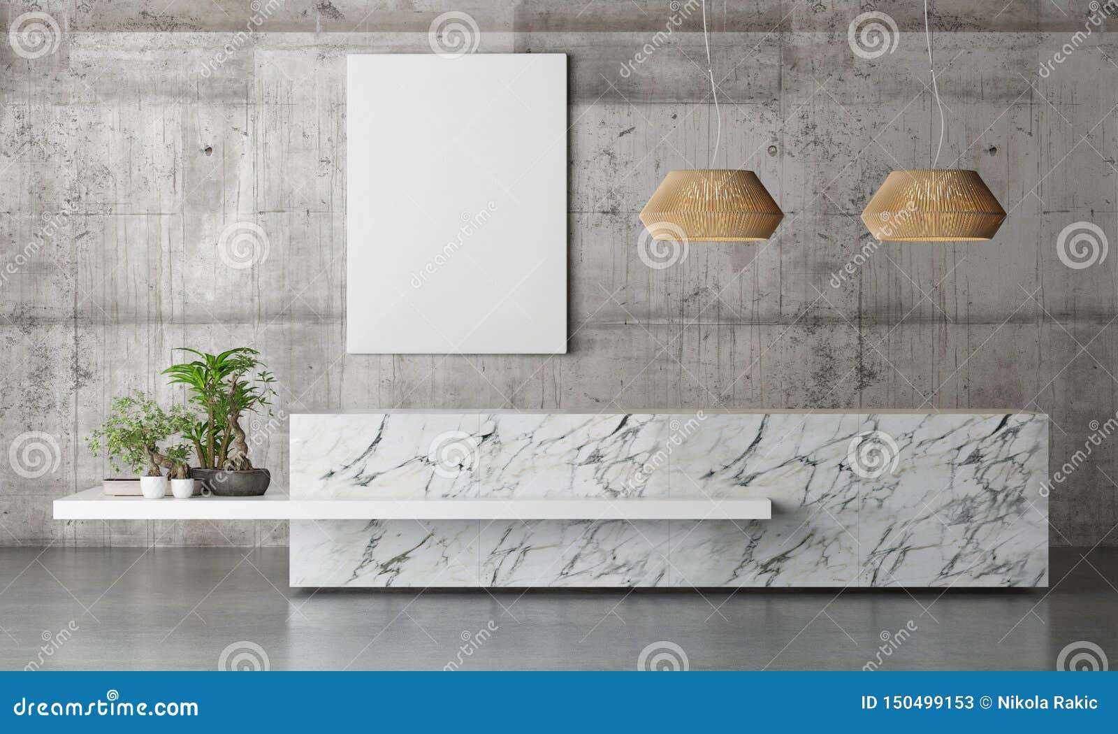Marble Reception Office Table with Plants on Concrete Background Wall ...