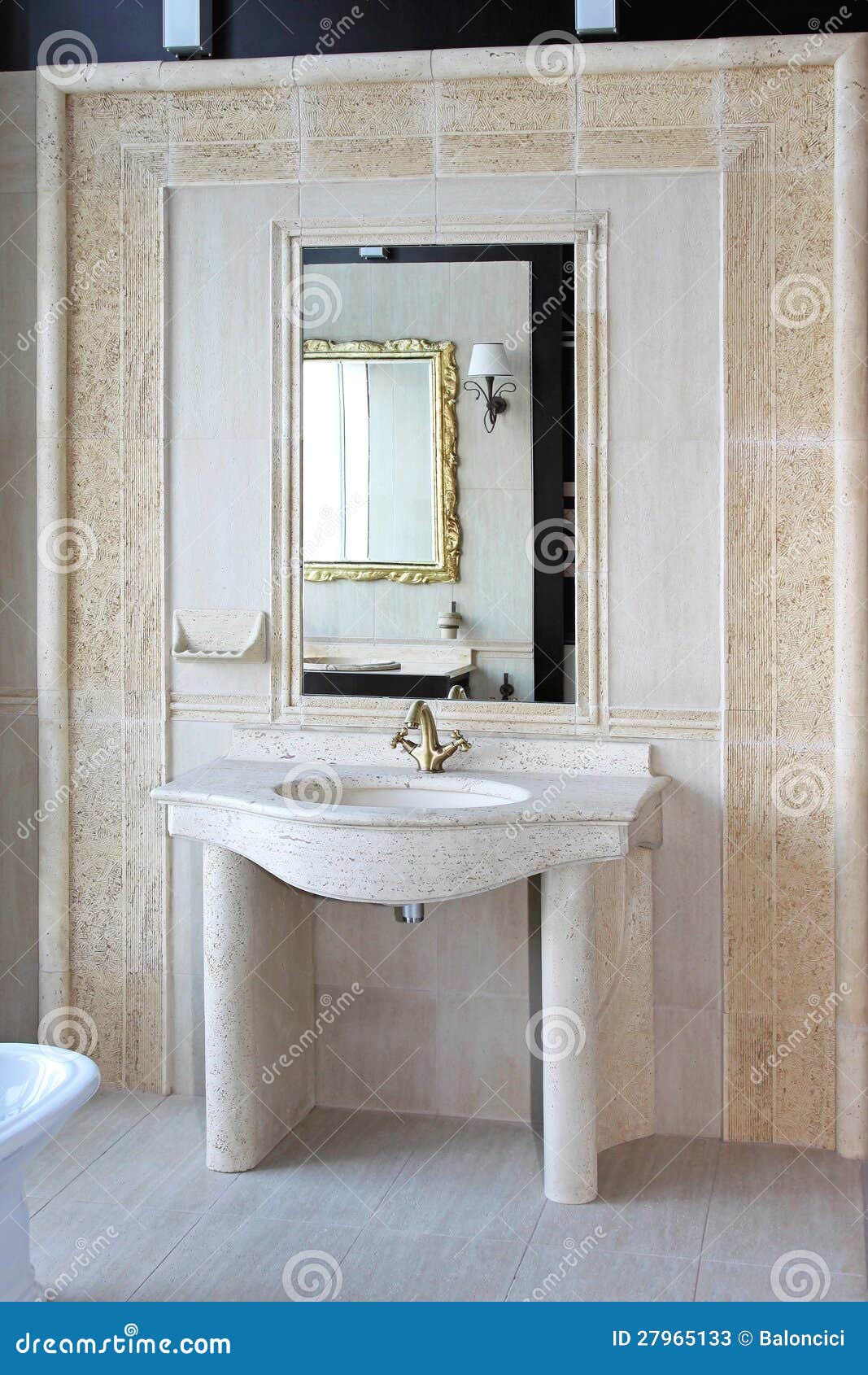 Marble Sink In A Public Restroom With Retro Golden Water Tap With ...