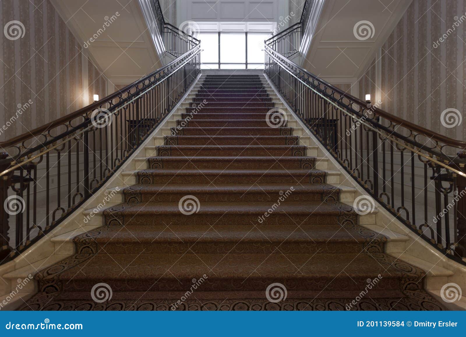 Marble Stair with Carpet and Rails Leads Up Stock Photo - Image of ...