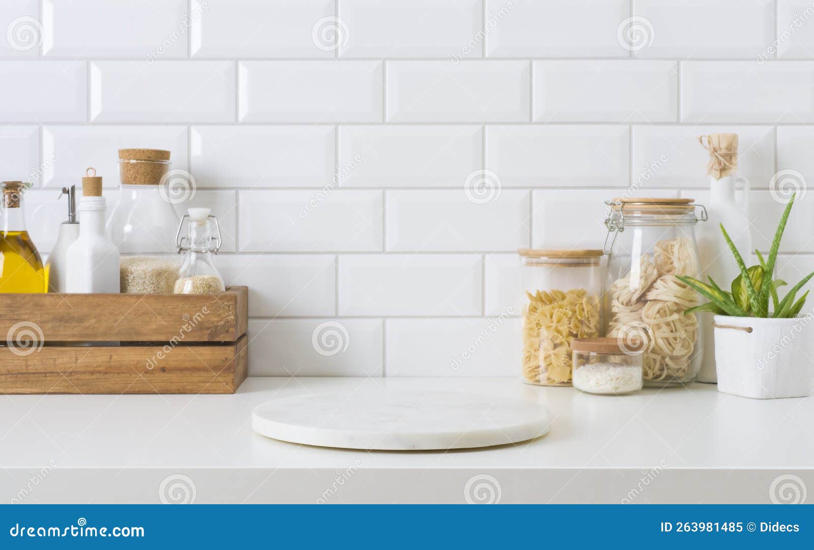 Marble Stone Stand on Kitchen Table with Various Food Ingredients Stock ...