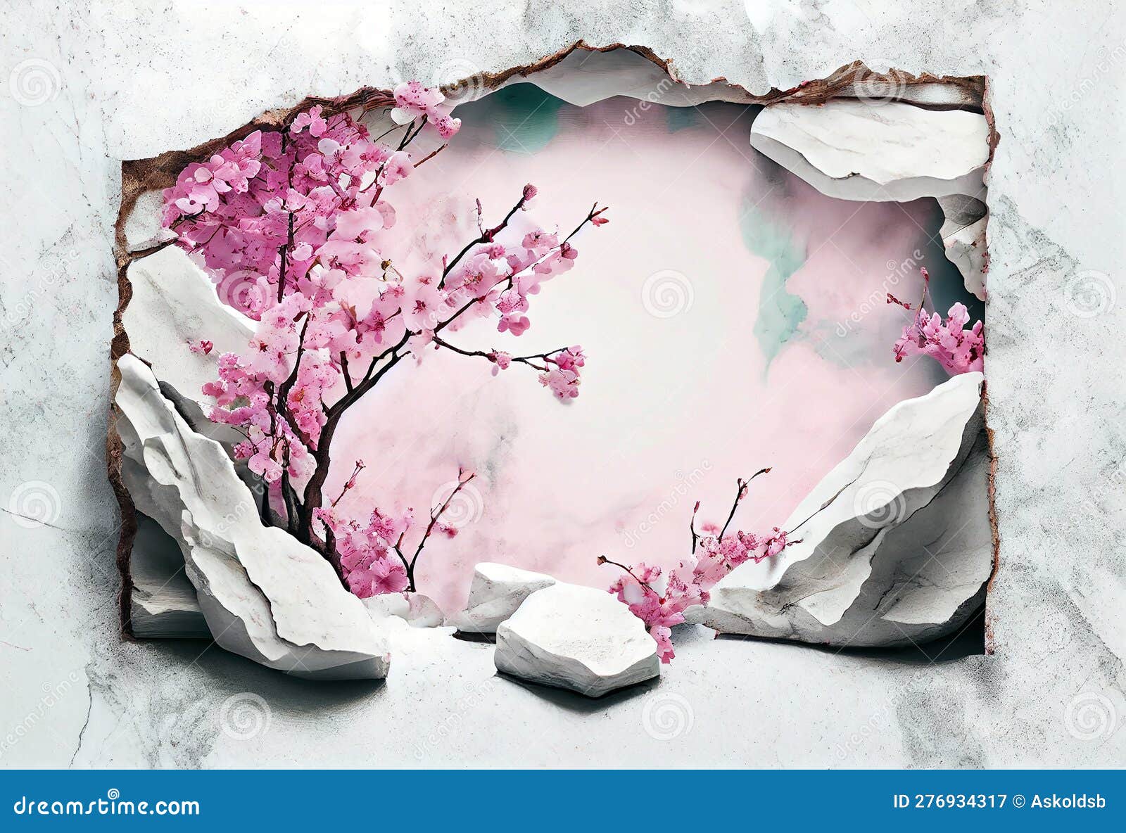 Marble Surface with Blooming Pink Spring Sakura Cherry Tree Branches ...